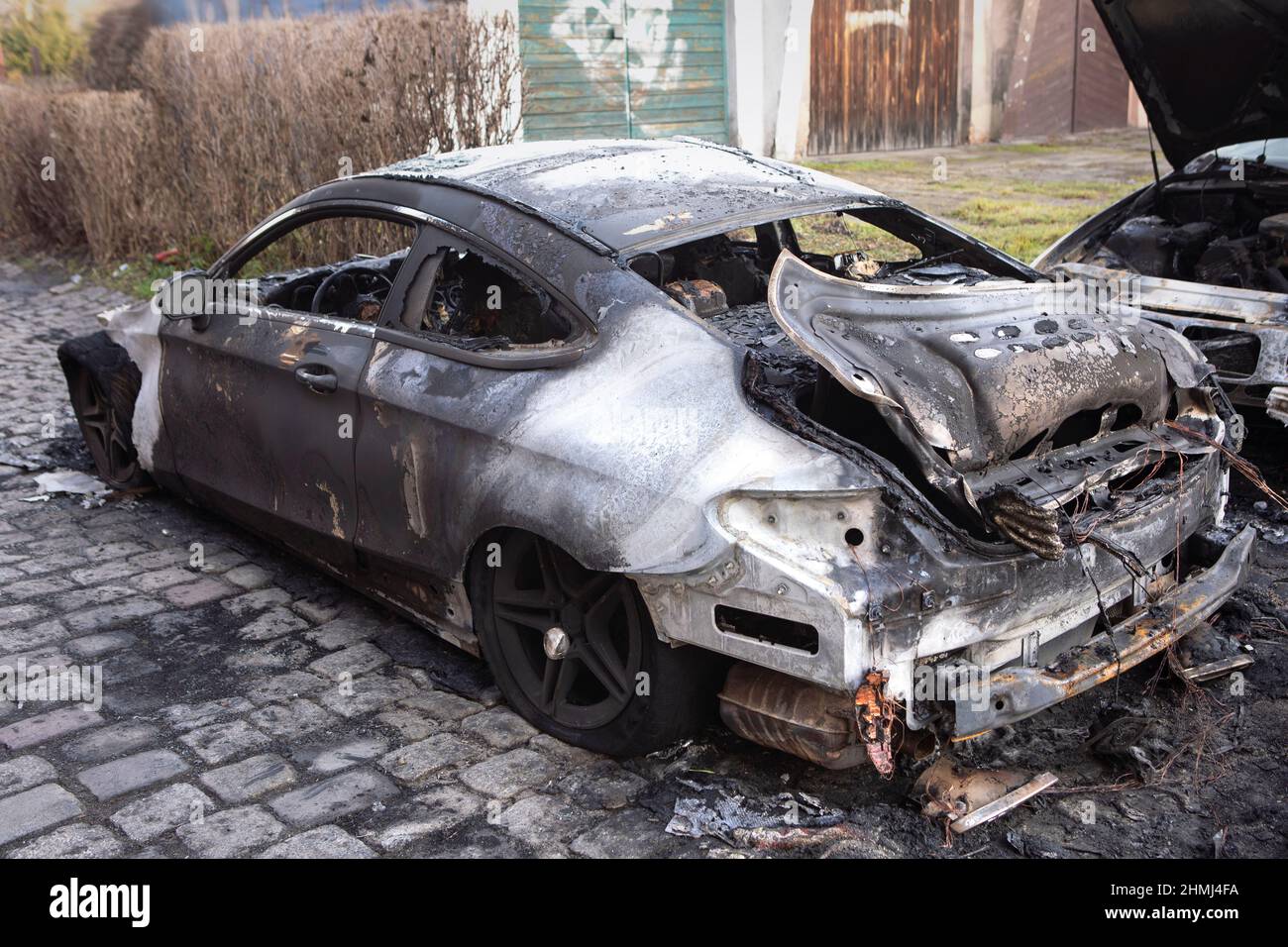 Burned car from behind. Car Wreck after car accident, fire, crime of ...