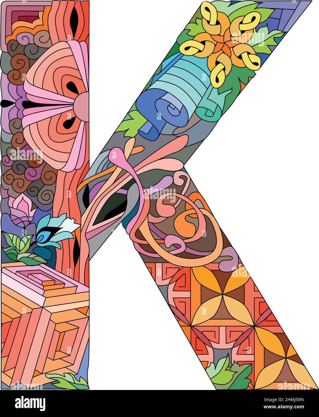 Zentangle stylized alphabet - letter K. Vector illustration. Ethnic ...