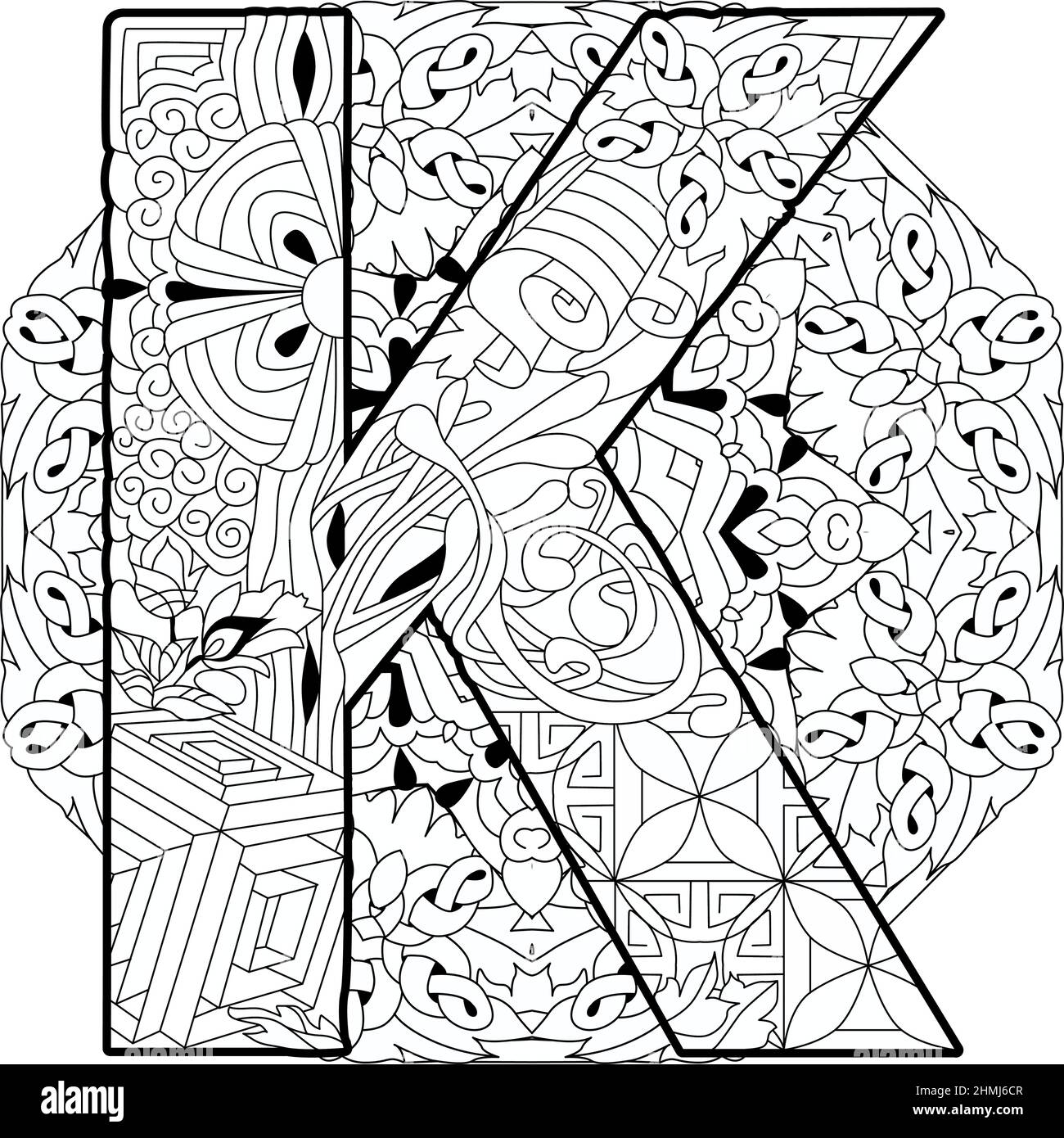 Zentangle stylized alphabet - letter K on mandala. Vector illustration ...