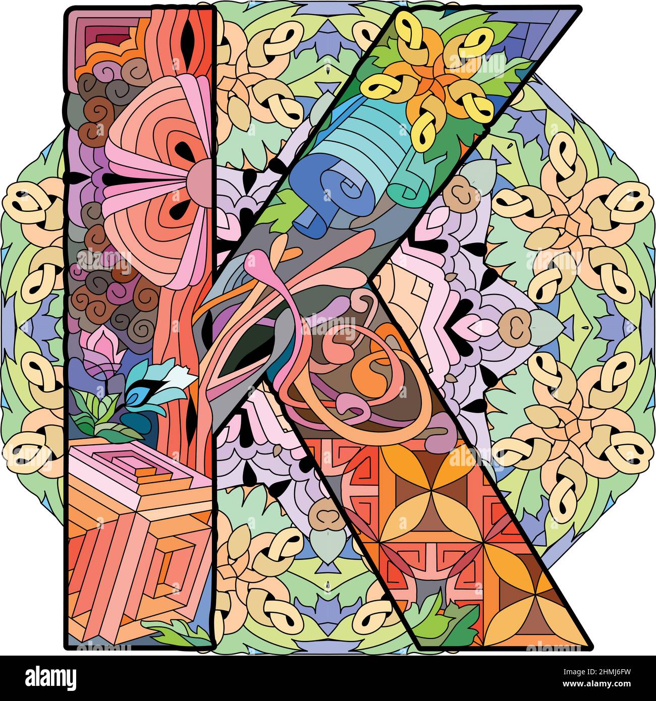 Zentangle stylized alphabet - letter K on mandala. Vector illustration ...