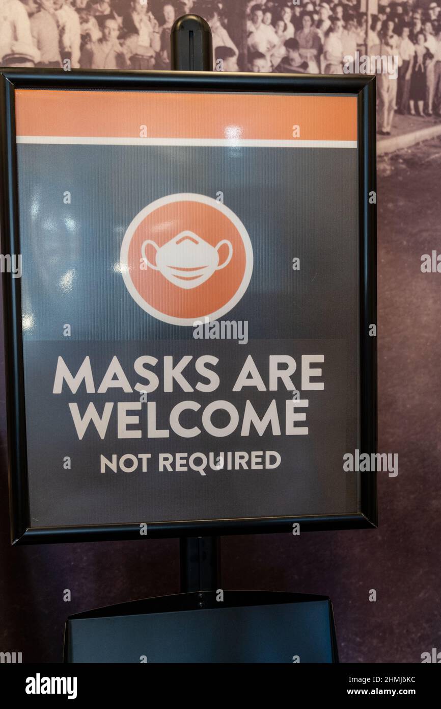 Sign for Masks are Welcome Not Required, at an indoor venue during the ...