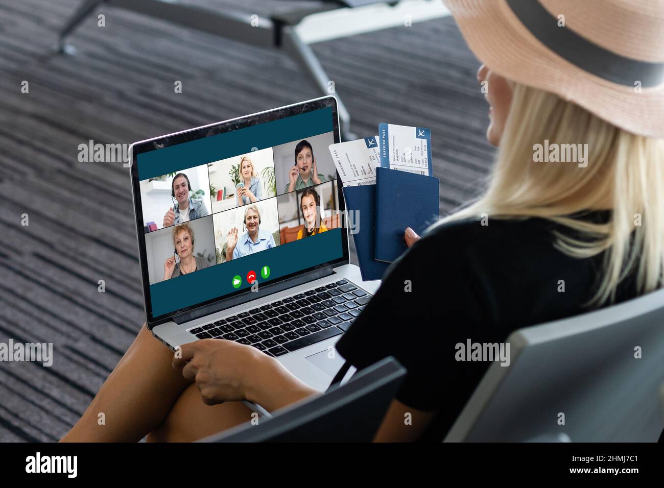 Woman talk speak using laptop computer working and video conference ...