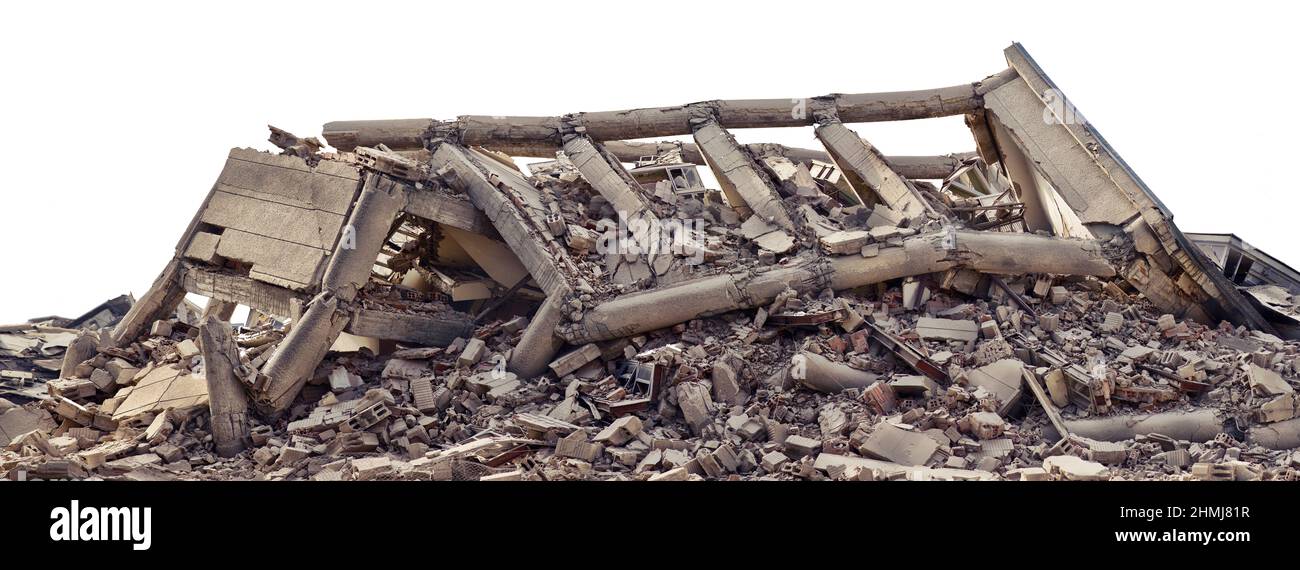 Collapsed and destroyed concrete industrial building isolated on white ...