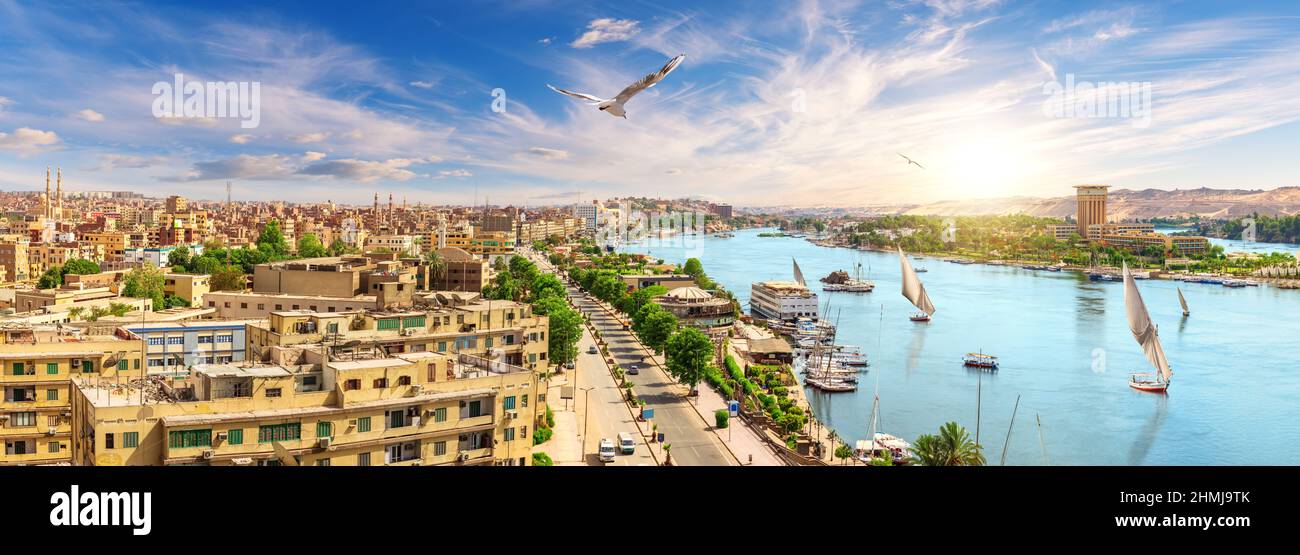 Panorama of Aswan and the Nile from above, beautiful scenery of Egypt ...