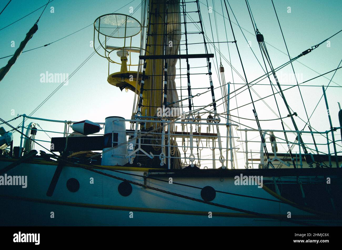 Board an old sailing ship.Mast, ropes,tinted Close up Stock Photo - Alamy
