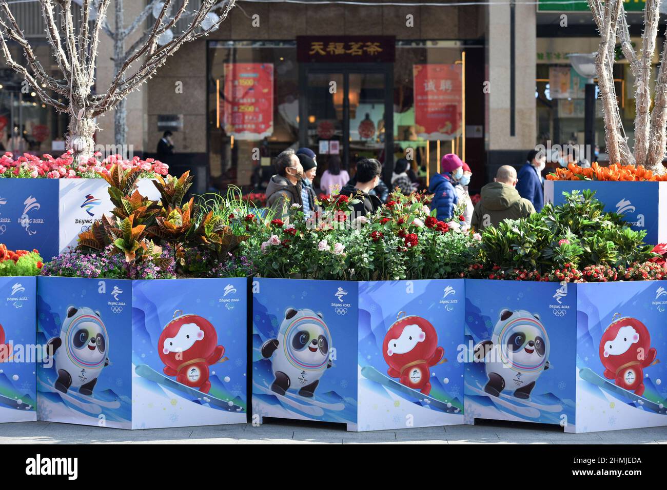Beijing, China. 10th Feb, 2022. Posters of "Bing Dwen Dwen" and "Shuey Rhon Rhon" the mascots of ...
