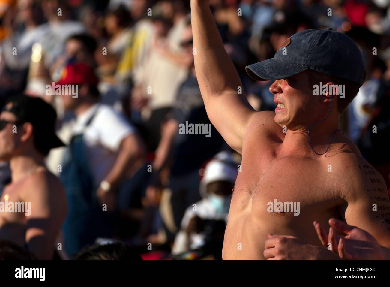 Beijing, Hebei, China. 6th Feb, 2022. Fans cheer for the Busch Light ...