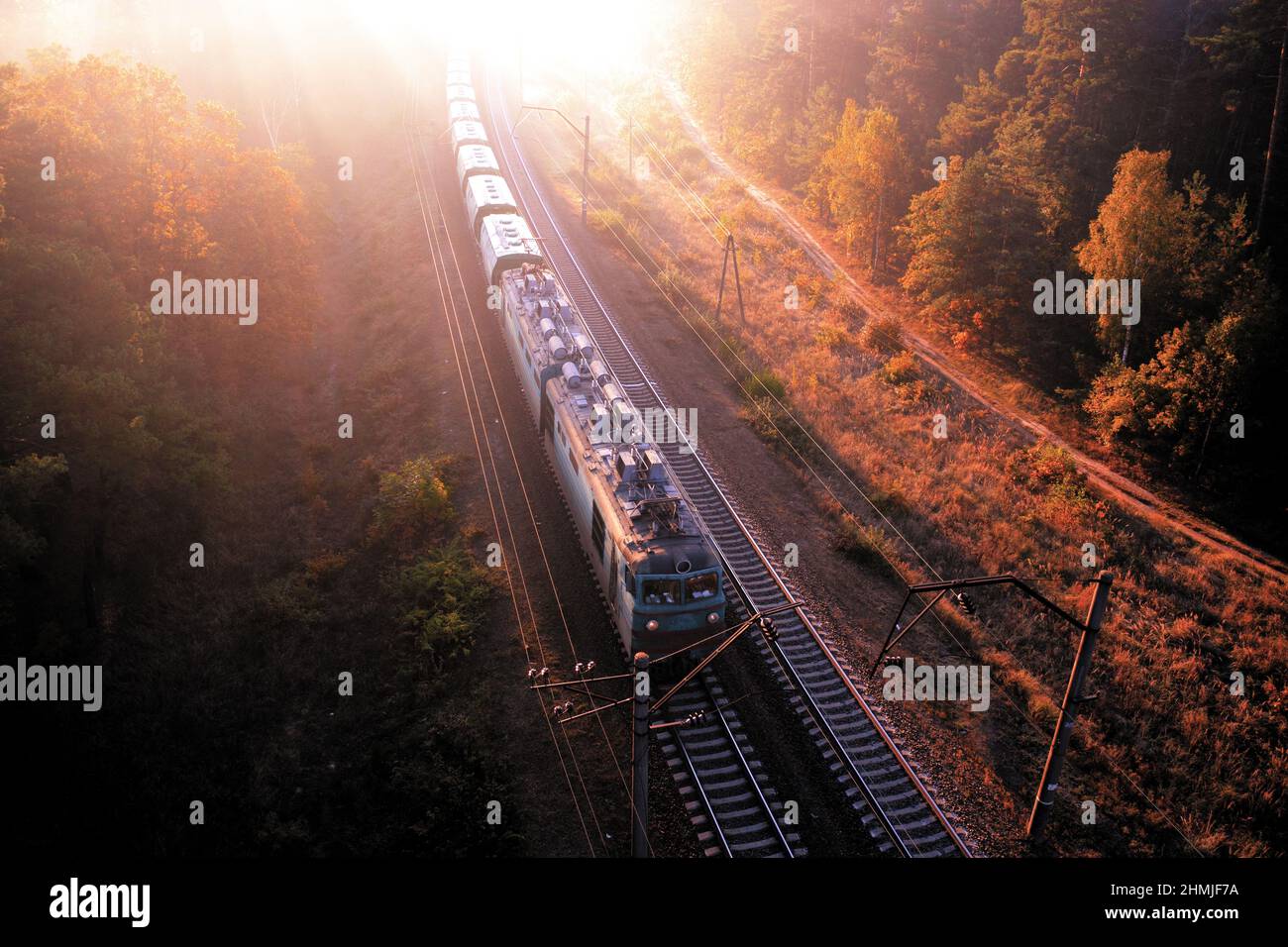 A freight train loaded with resources delivers cargo through the forest ...