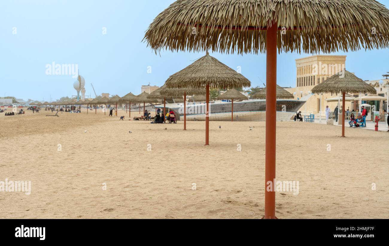 Wakrah, Qatar- January 21,2022 : Family beach in the Wakrah souq ...