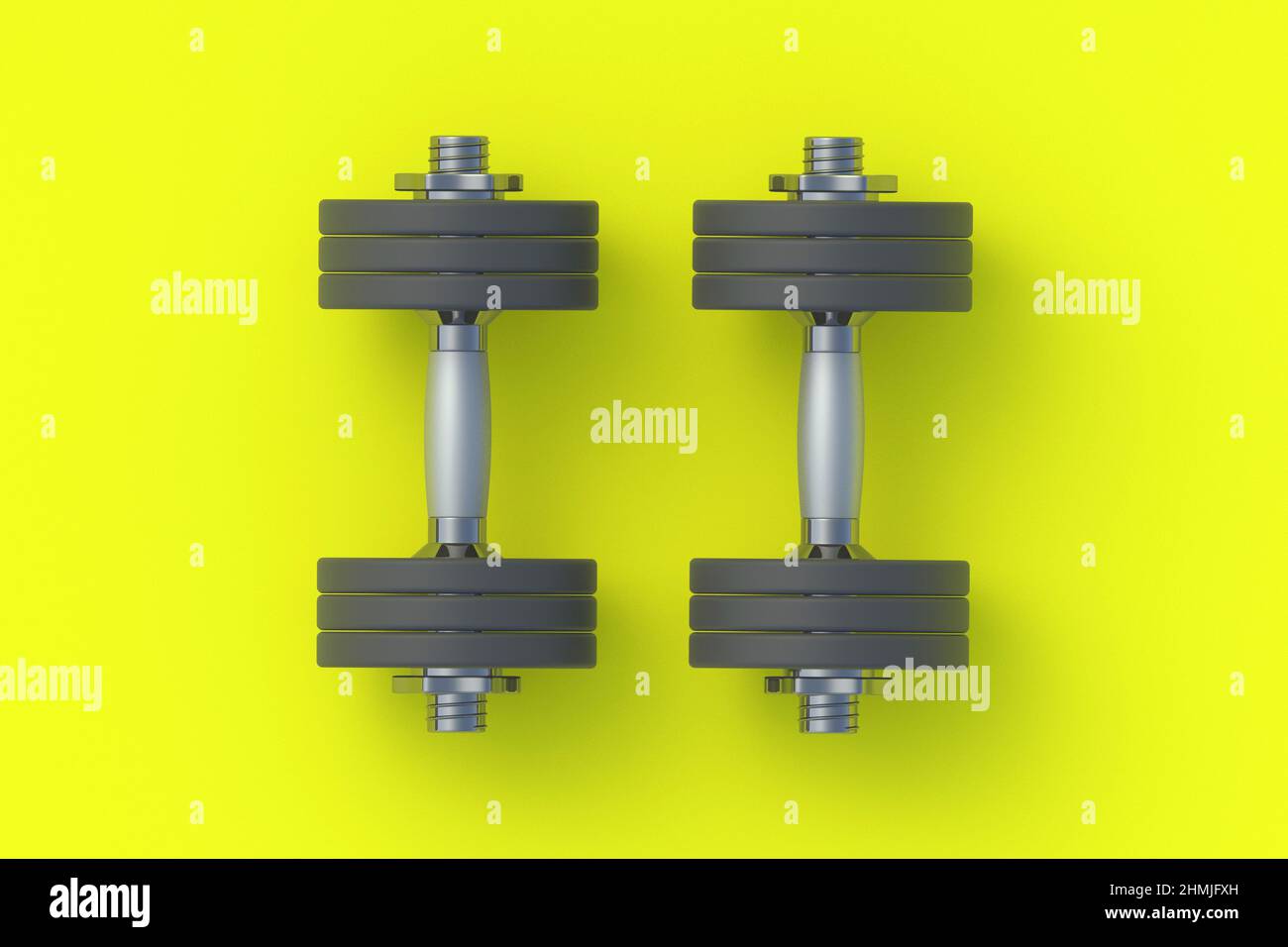 Dumbbells with heavy plates. Sports equipment. Top view. 3d render ...