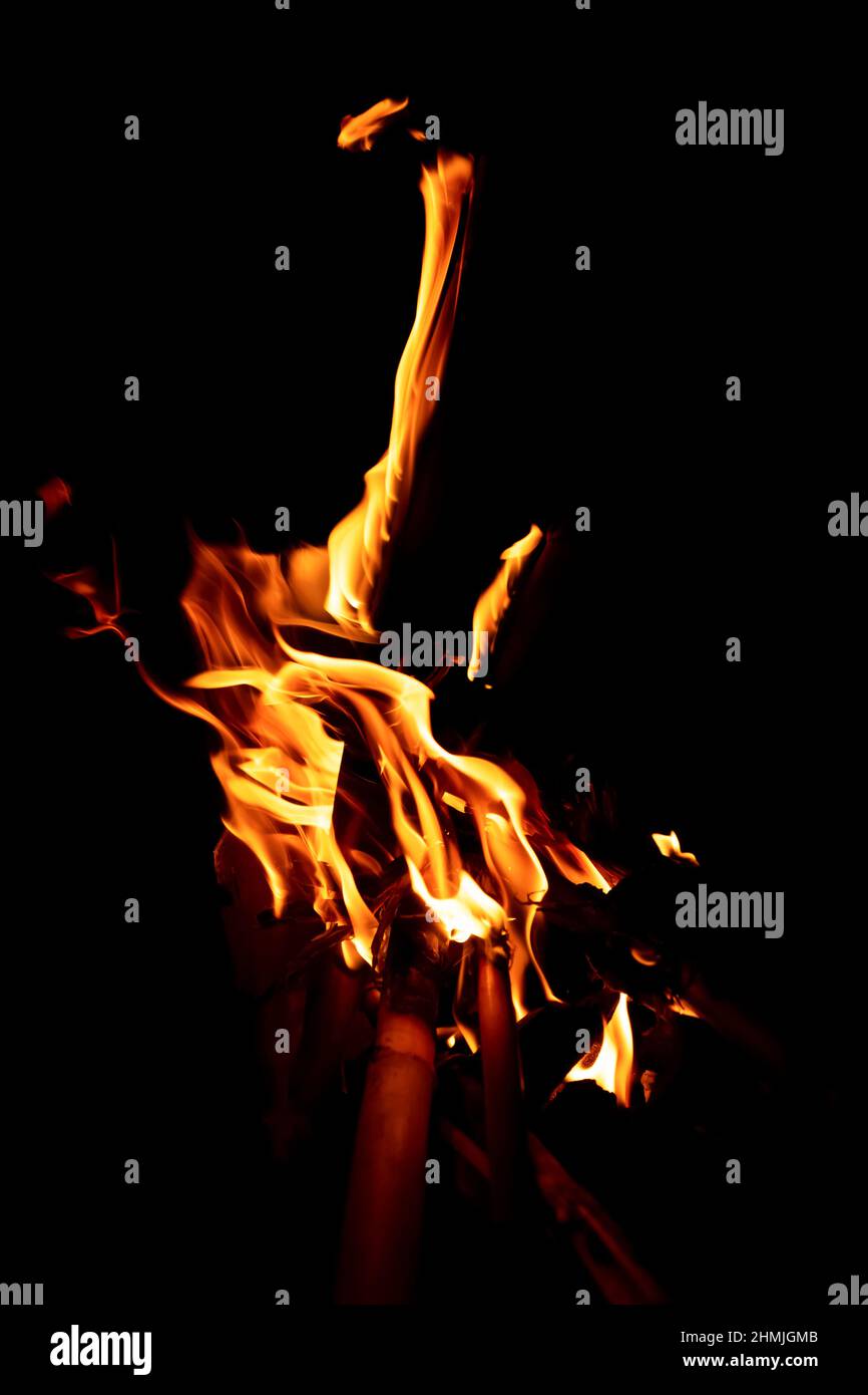 Beautiful formation of fire created by burning some dry reeds forming ...