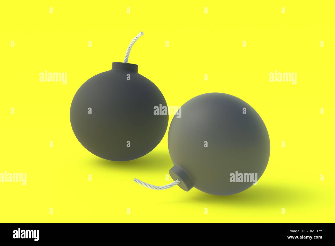 Round old bombs with fuze on yellow background. 3d render Stock Photo ...