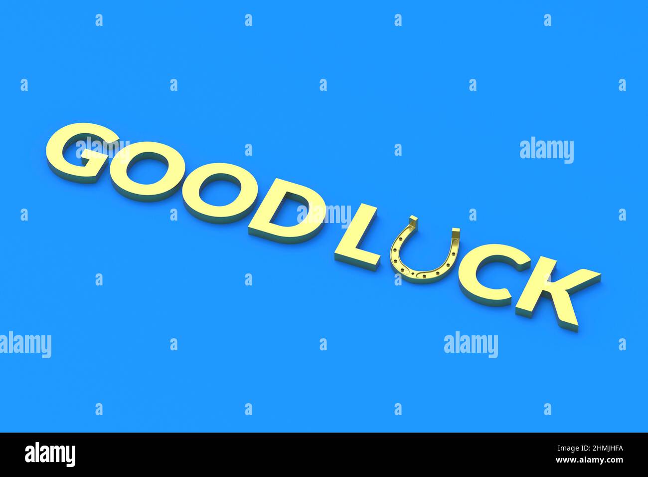 Word good luck with golden horseshoe on a blue background. 3d render ...