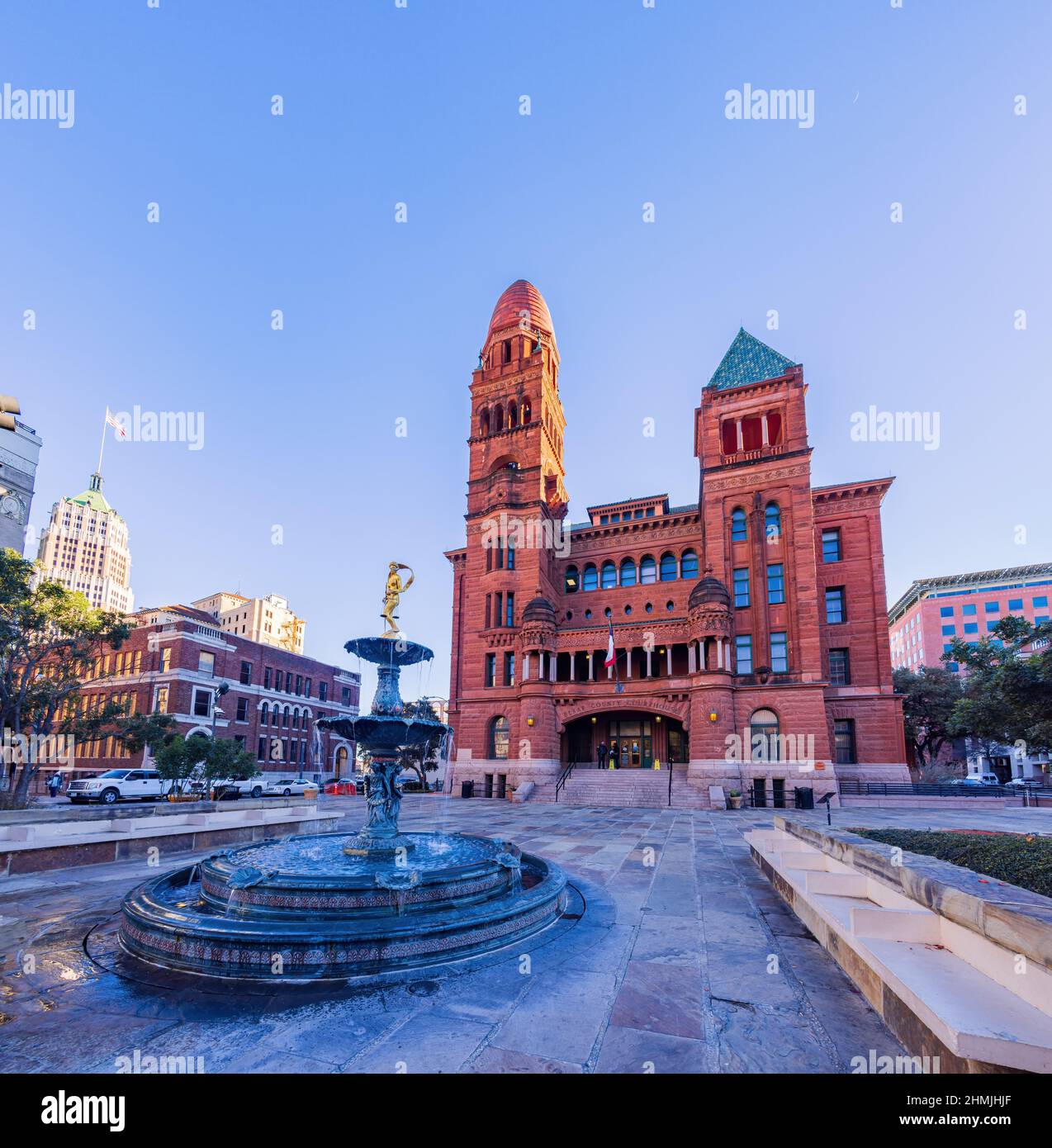 Sunny view of Courthouse building and Lady of Justice statue at Texas ...
