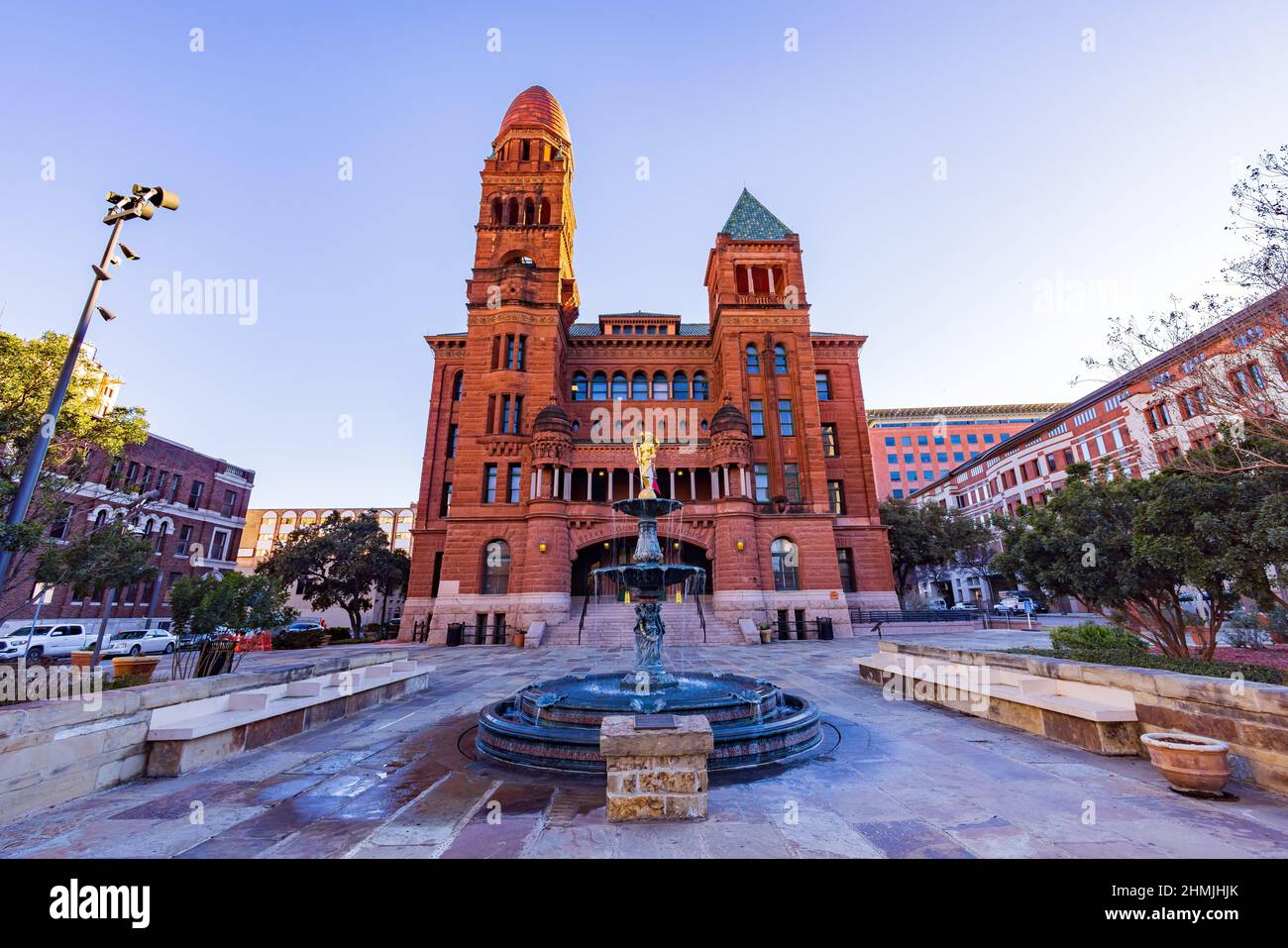 Sunny view of Courthouse building and Lady of Justice statue at Texas ...