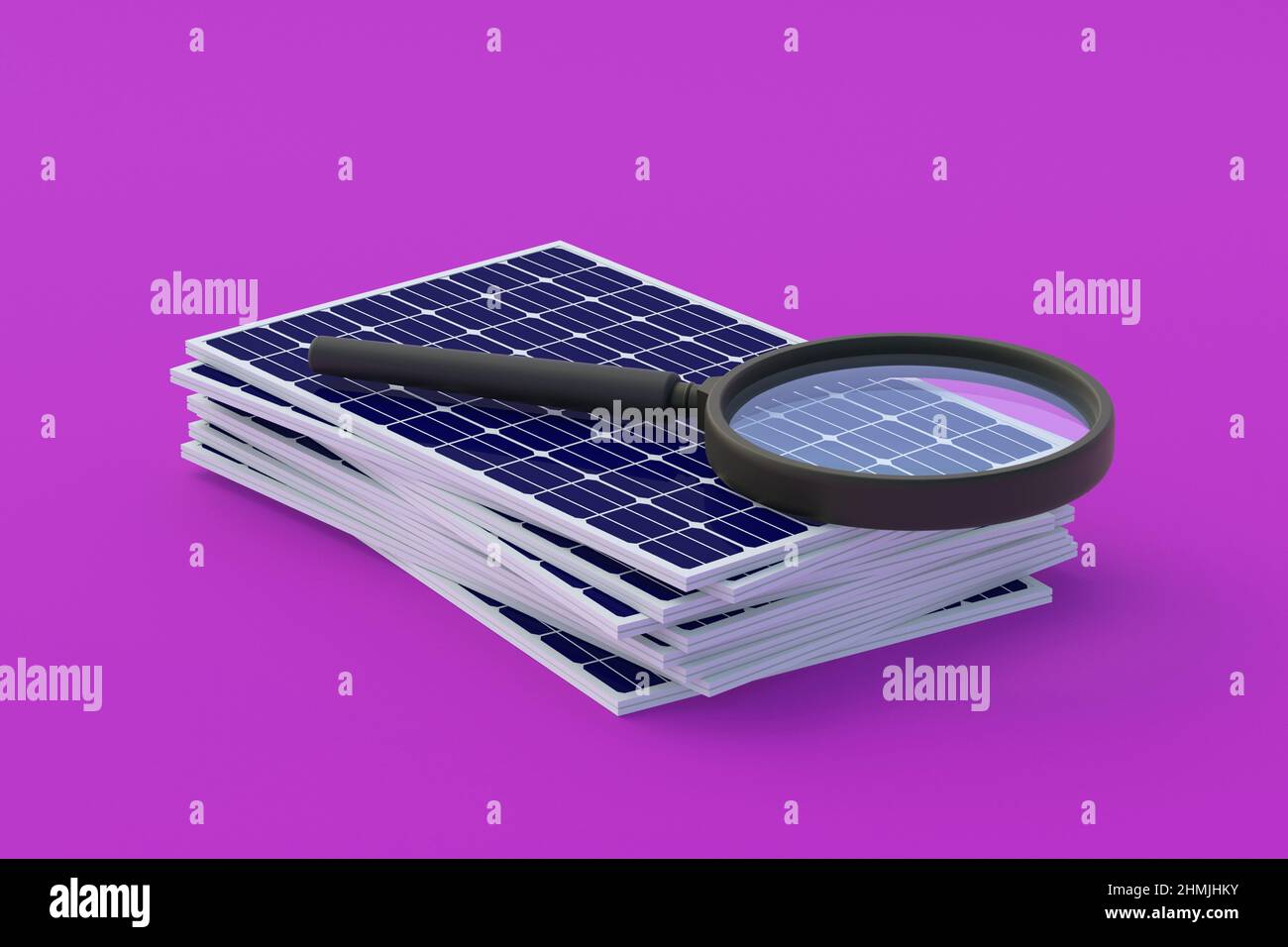 Heap of solar panels near magnifier. Research of photovoltaic elements ...