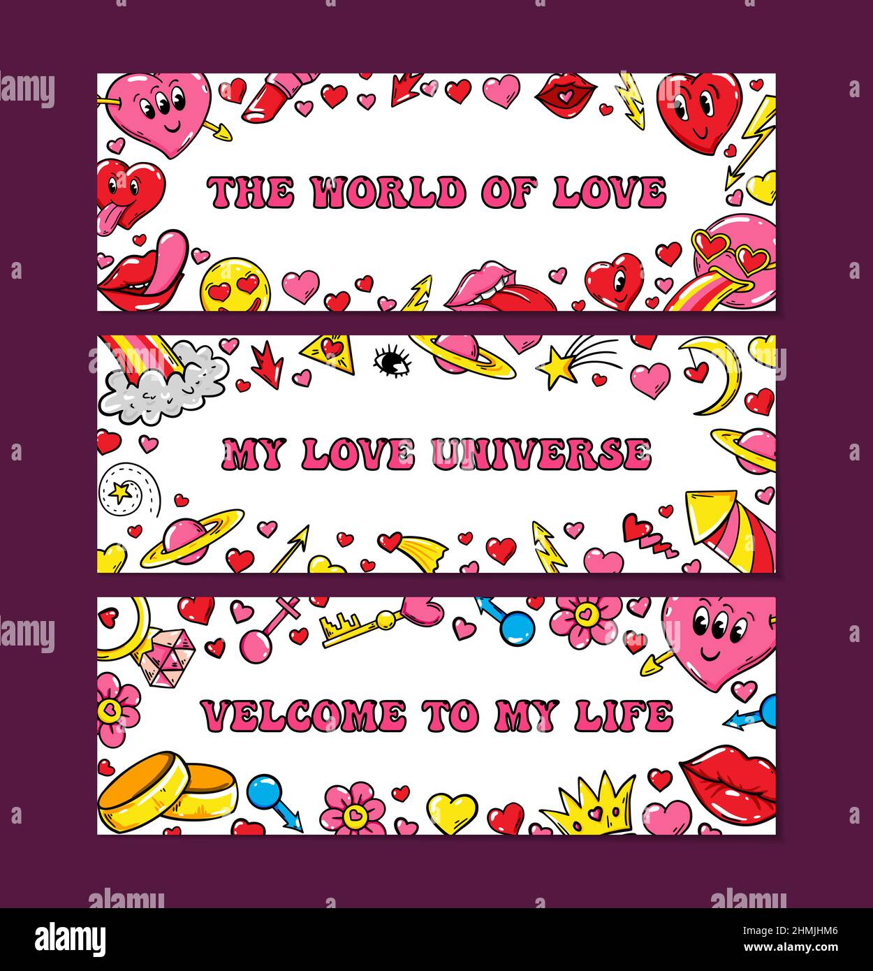 Set of horizontal trendy love posters with cute comic illustrations ...