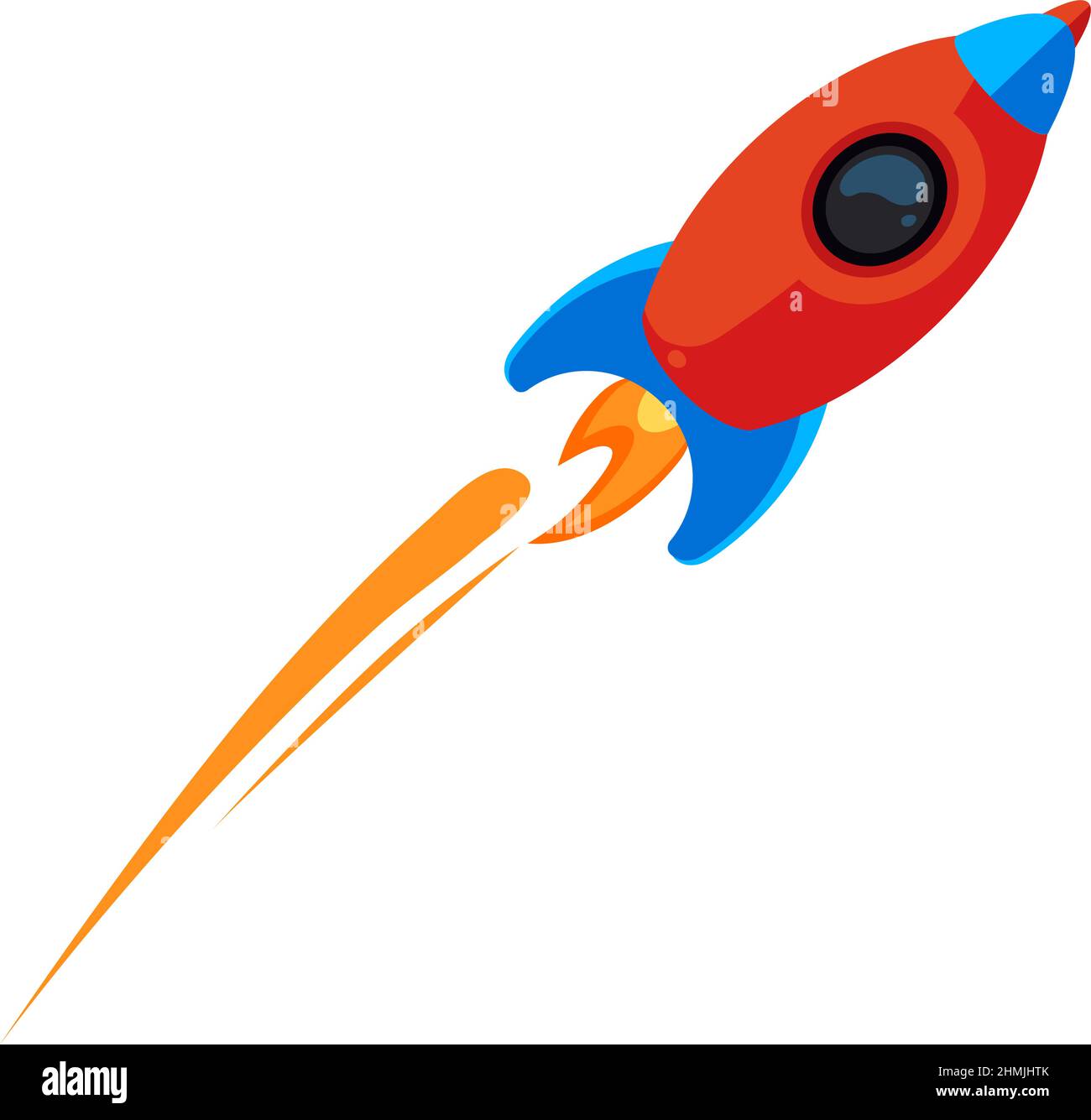 Flying rocket with flame trail. Shuttle launch in cartoon style Stock ...