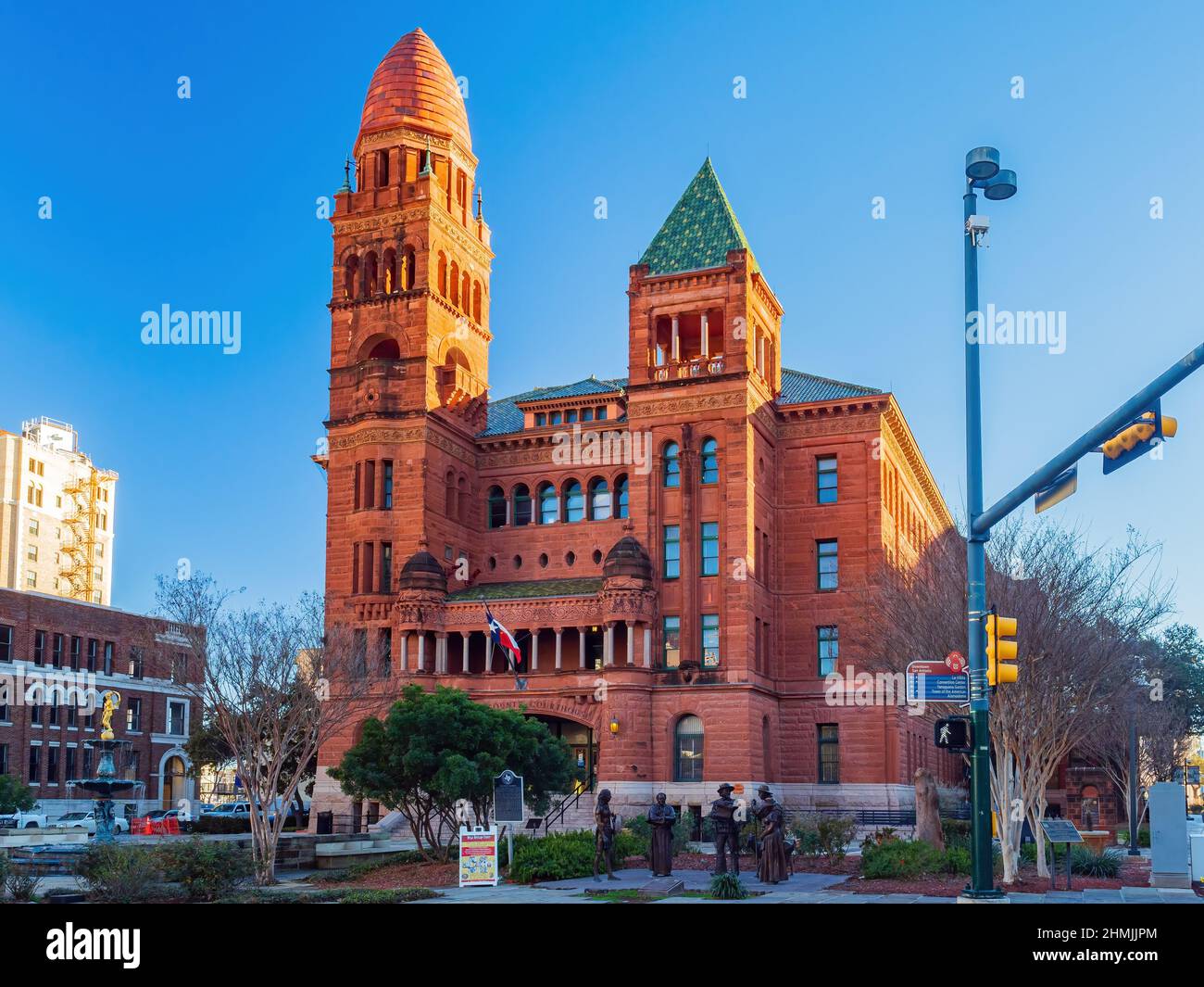 Sunny view of Courthouse building and Lady of Justice statue at Texas ...