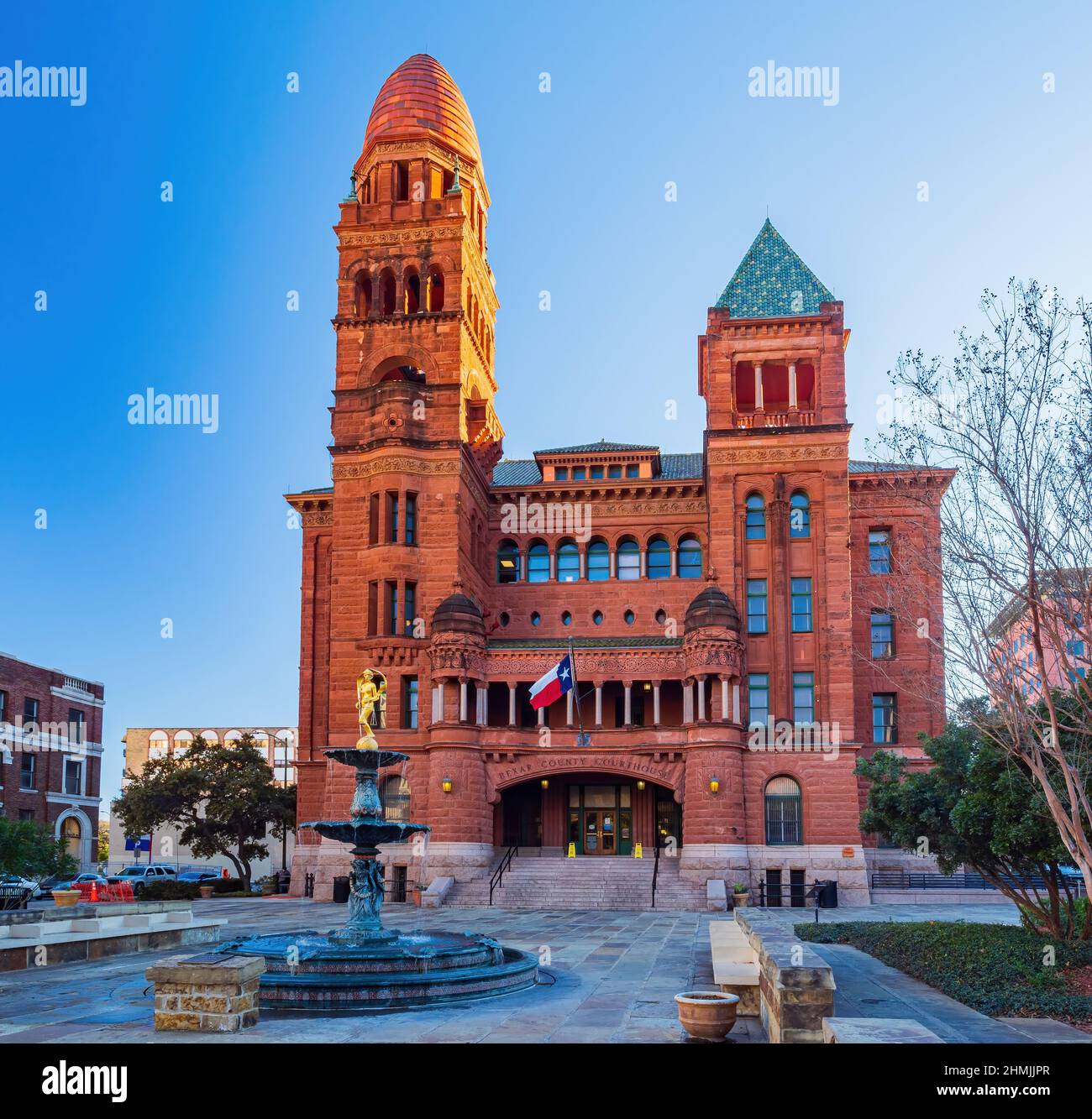 Sunny view of Courthouse building and Lady of Justice statue at Texas ...