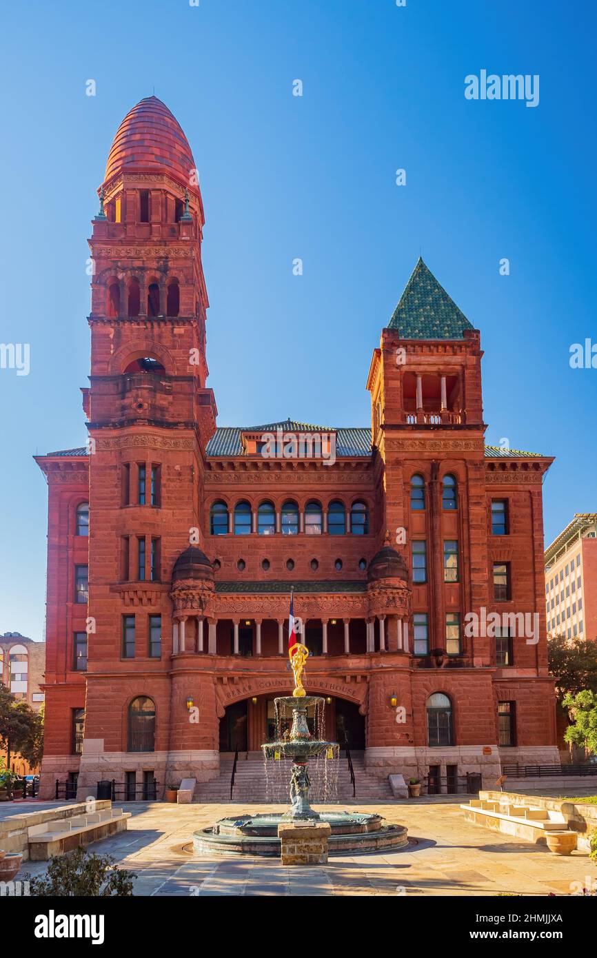 Sunny view of Courthouse building and Lady of Justice statue at Texas ...