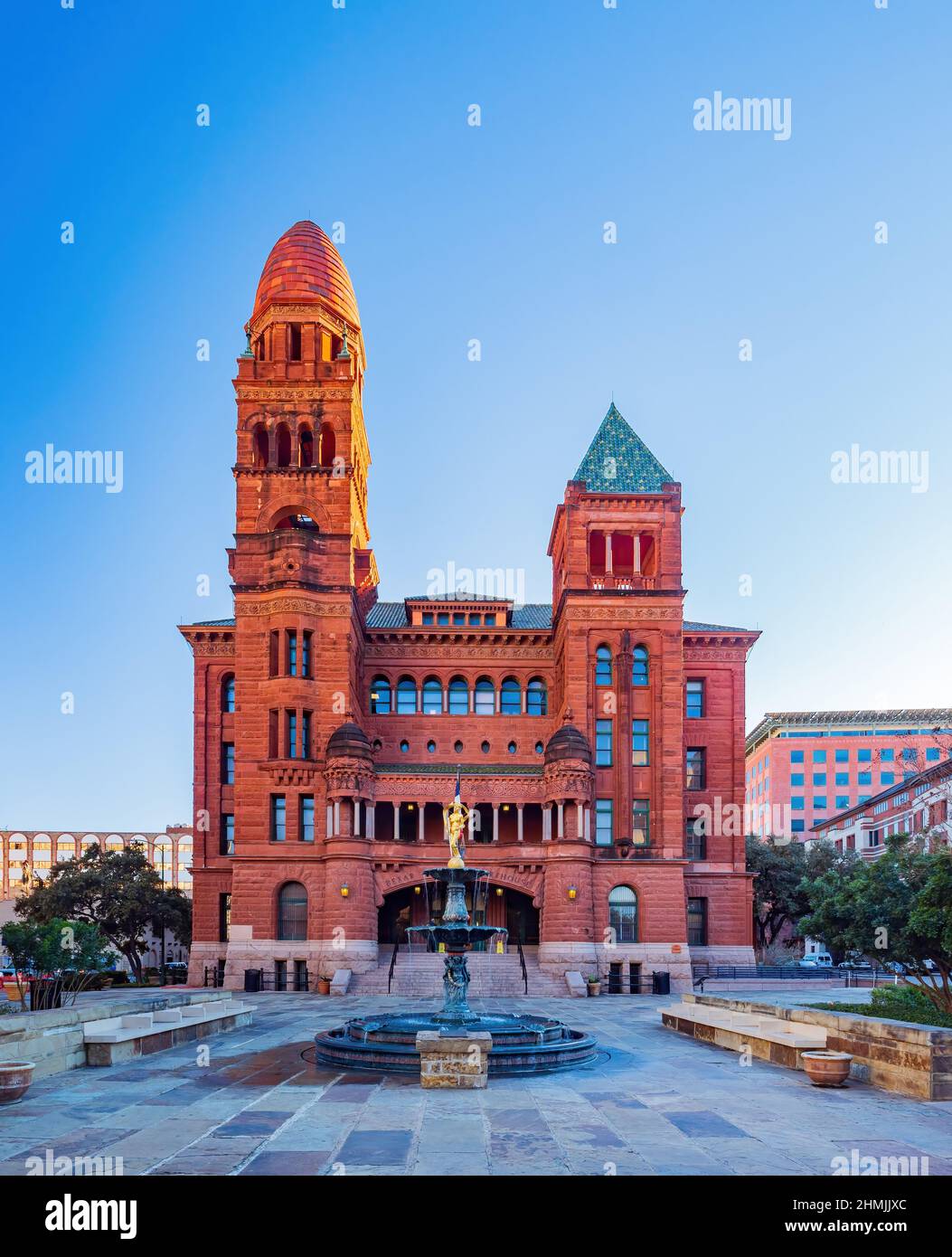 Sunny view of Courthouse building and Lady of Justice statue at Texas ...