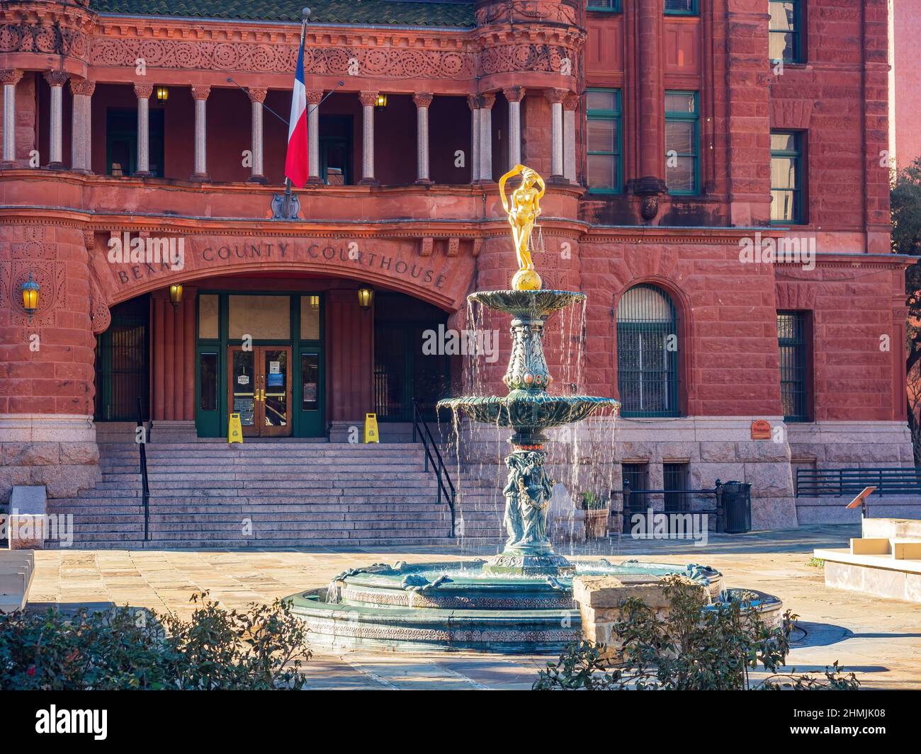 Sunny view of Courthouse building and Lady of Justice statue at Texas ...