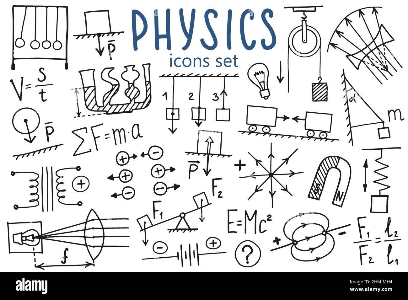 Phisics symbols icon set. Science subject doodle design. Education and ...