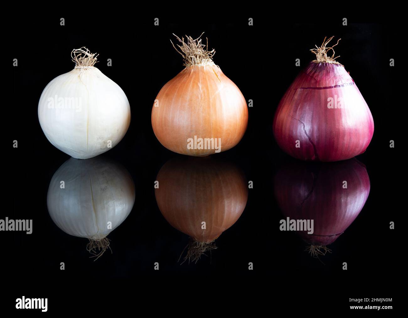 Different types of onions on black reflective background Stock Photo ...