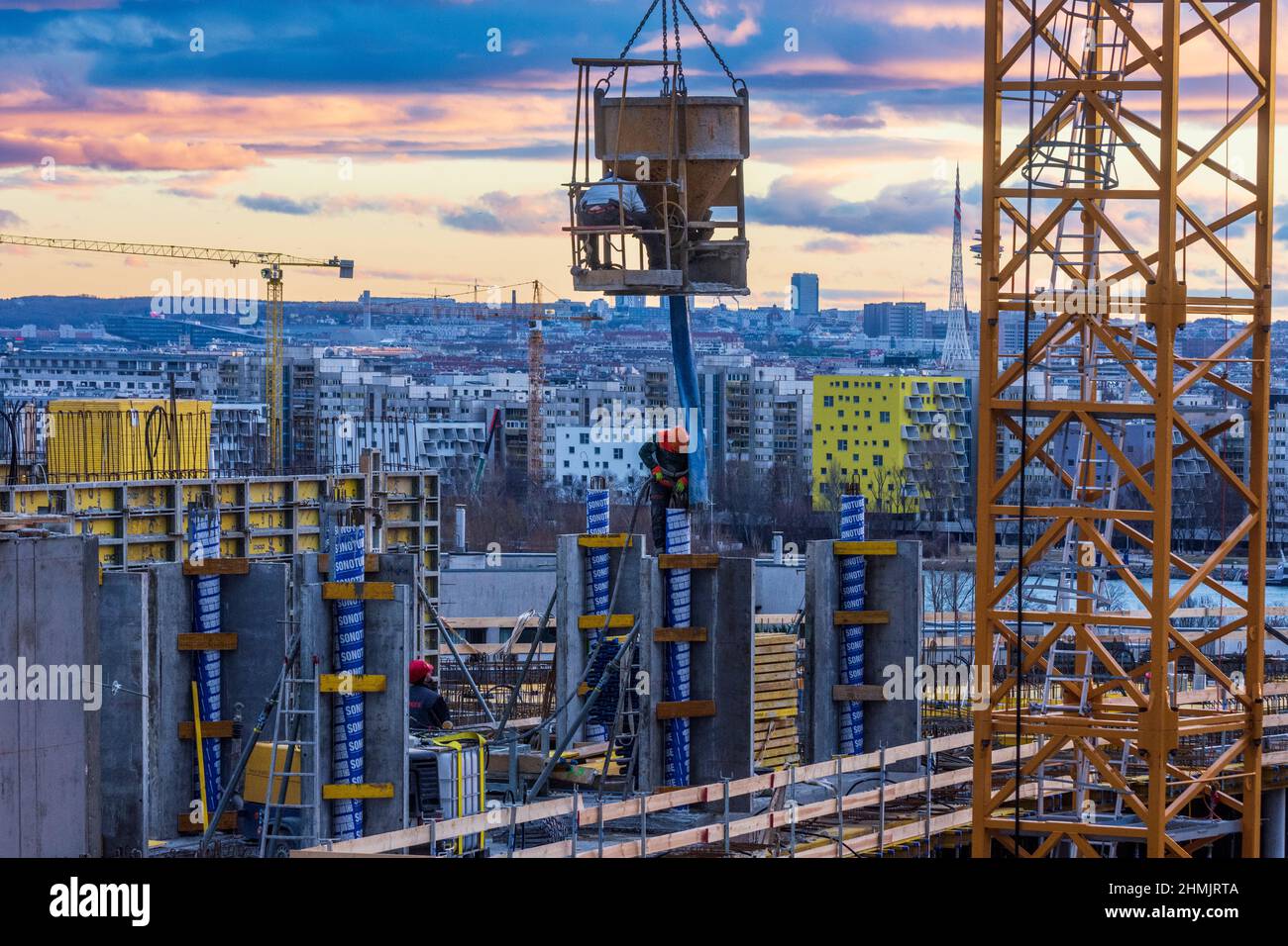 Wien, Vienna: construction site of high-rise apartment house, crane ...