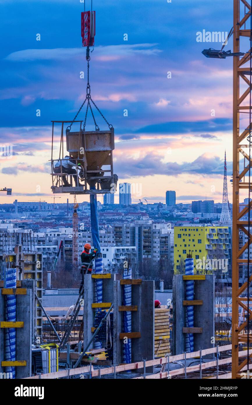 Wien, Vienna: construction site of high-rise apartment house, crane ...