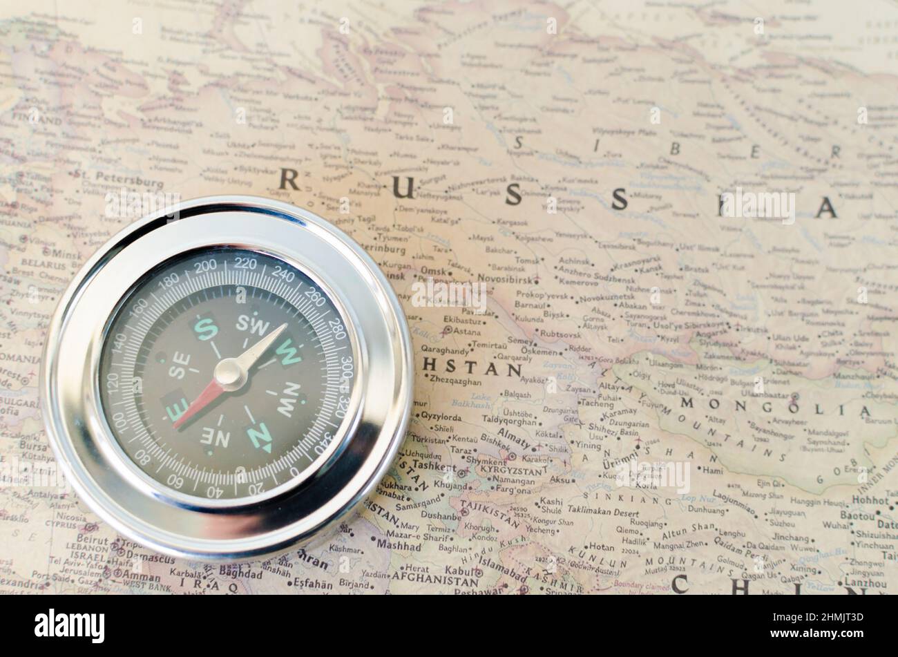 Compass on vintage map of Russia travel plans Stock Photo - Alamy