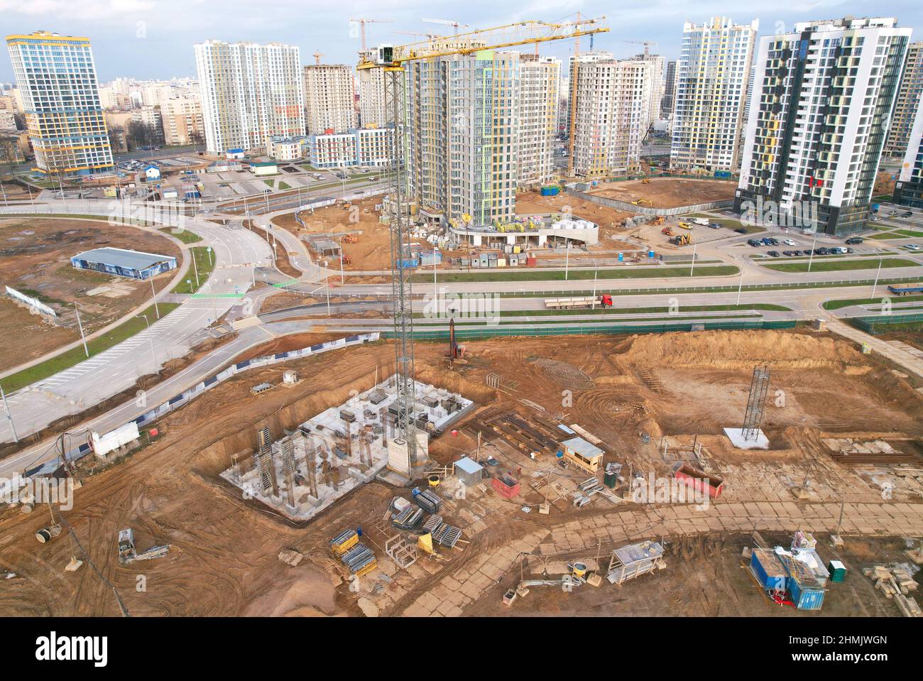 Construction site with tower cranes on formwork building construction ...
