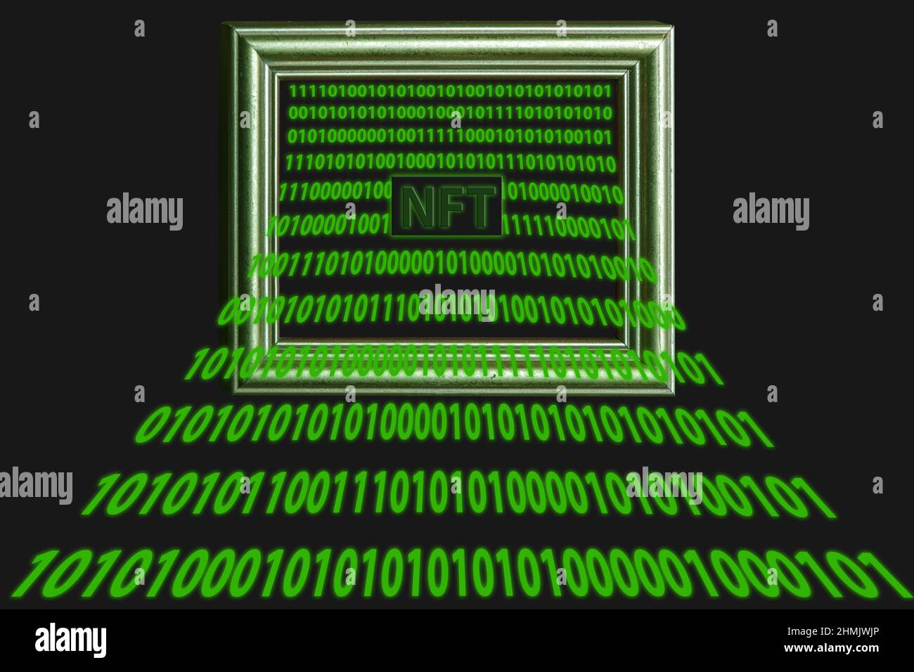 wooden frame with green zero one digits as crypto art illustration ...