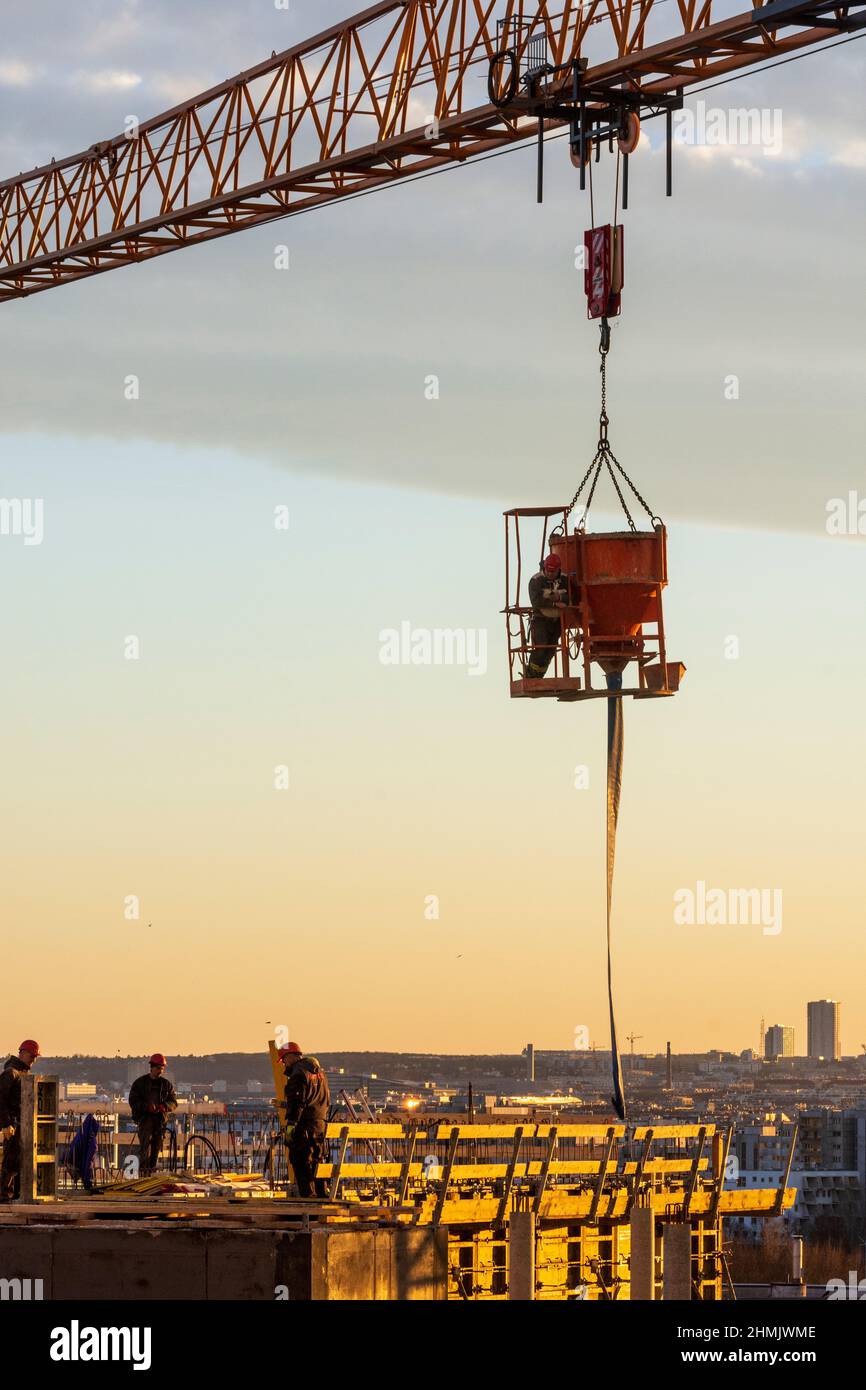 Wien, Vienna: construction site of apartment house, crane, concrete ...