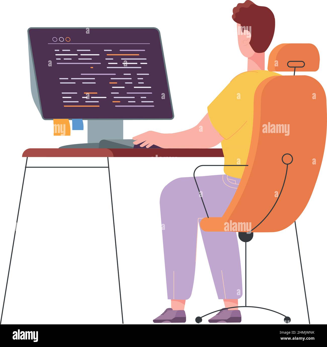 Man working at computer desk. Programmer in remote office isolated on ...