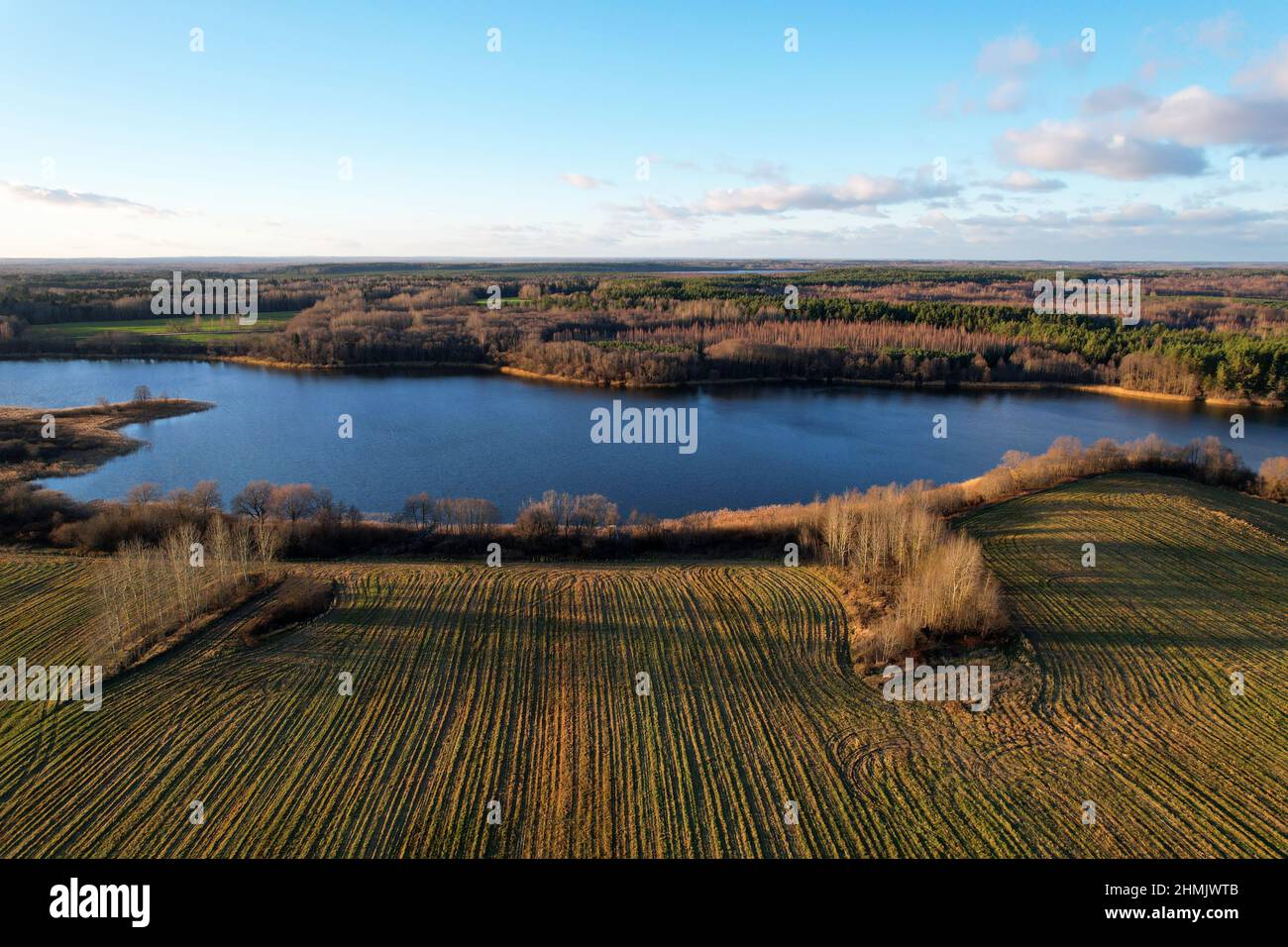 Lake on sunset in autumn season. Aerial panoramic landscape view of ...
