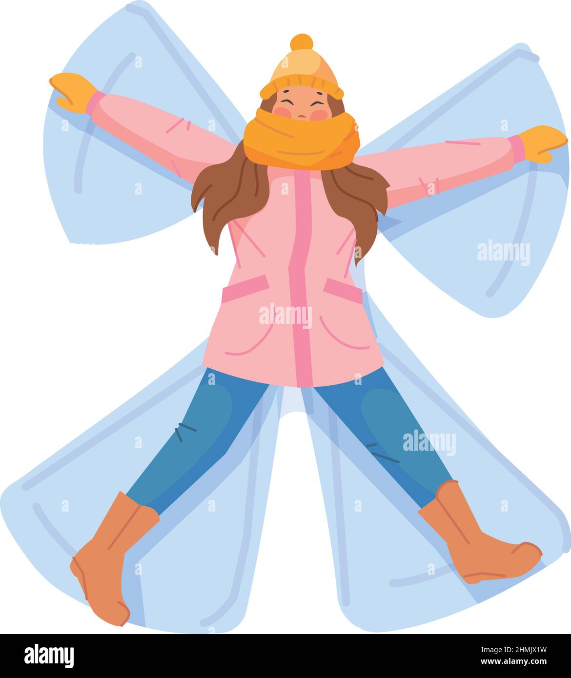 Snow angel kid. Funny winter snow activity isolated on white background ...
