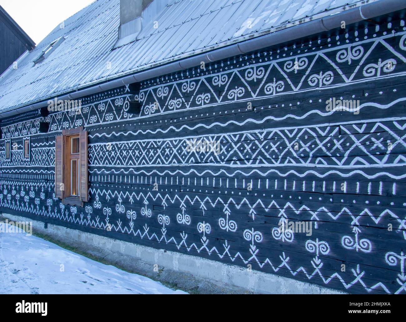 Cicmany , a folk architecture reserve. White patterns painted on the ...
