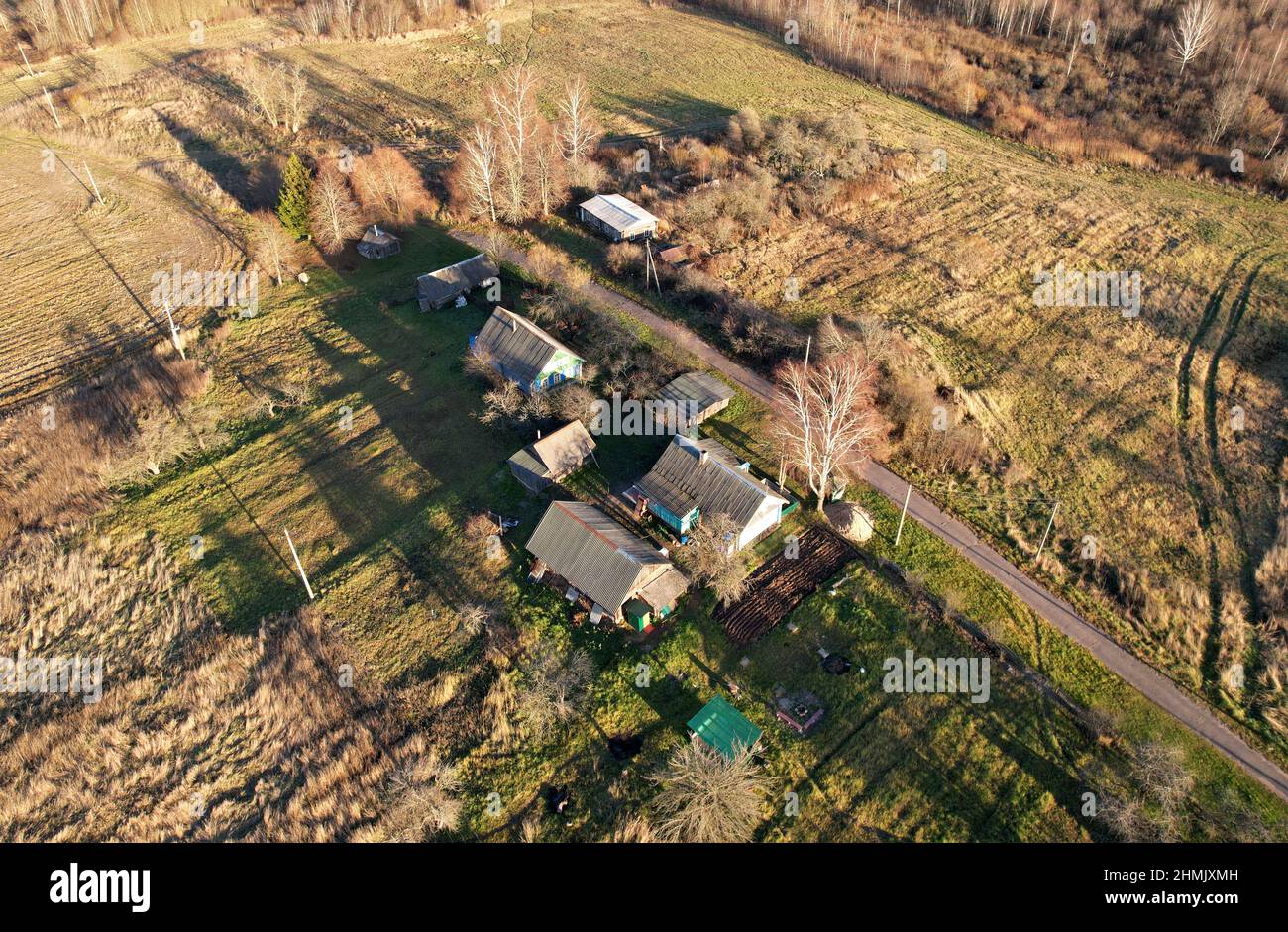 Wooden home in village. Country houses in the countryside. Aerial view ...