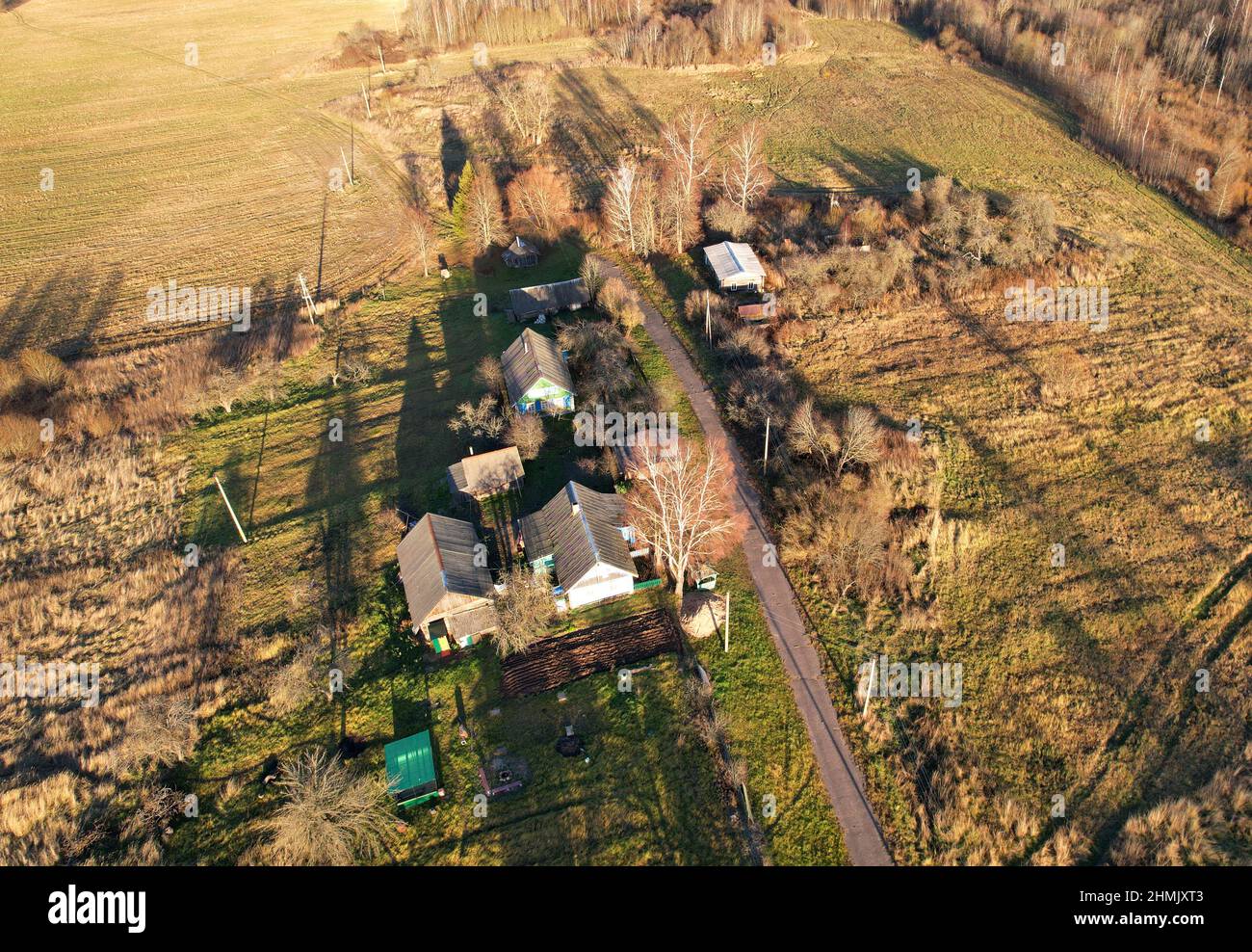 Wooden home in village. Country houses in the countryside. Aerial view ...