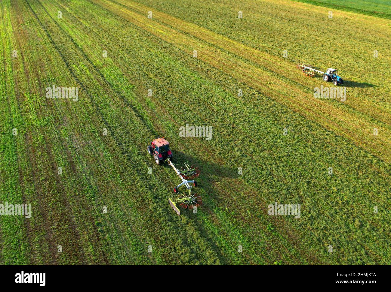 Tractor raking grass for silage harvesting. Agriculture farm machinery ...