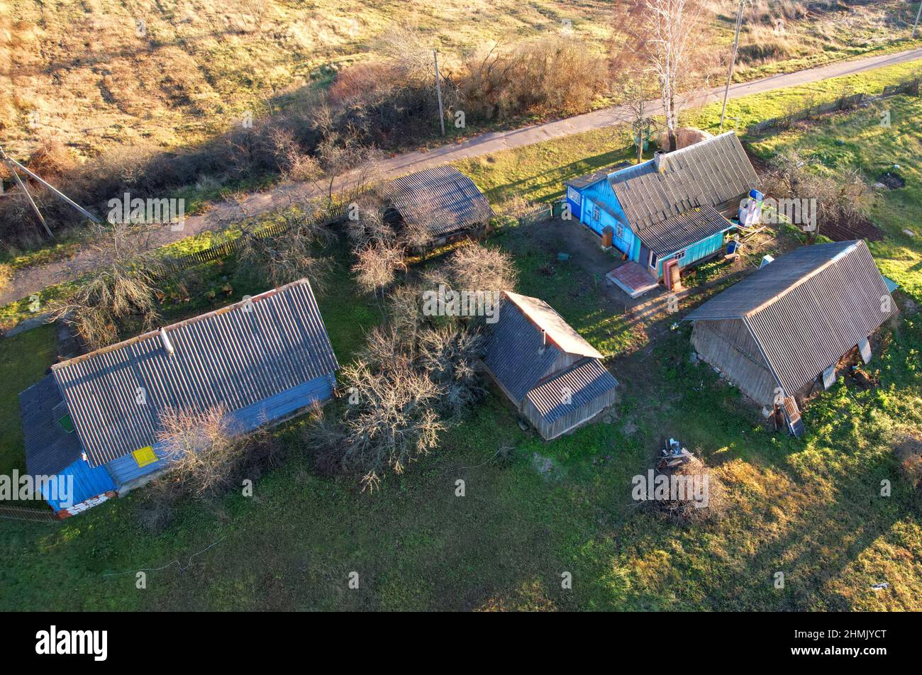 Wooden home in village. Country houses in the countryside. Aerial view ...