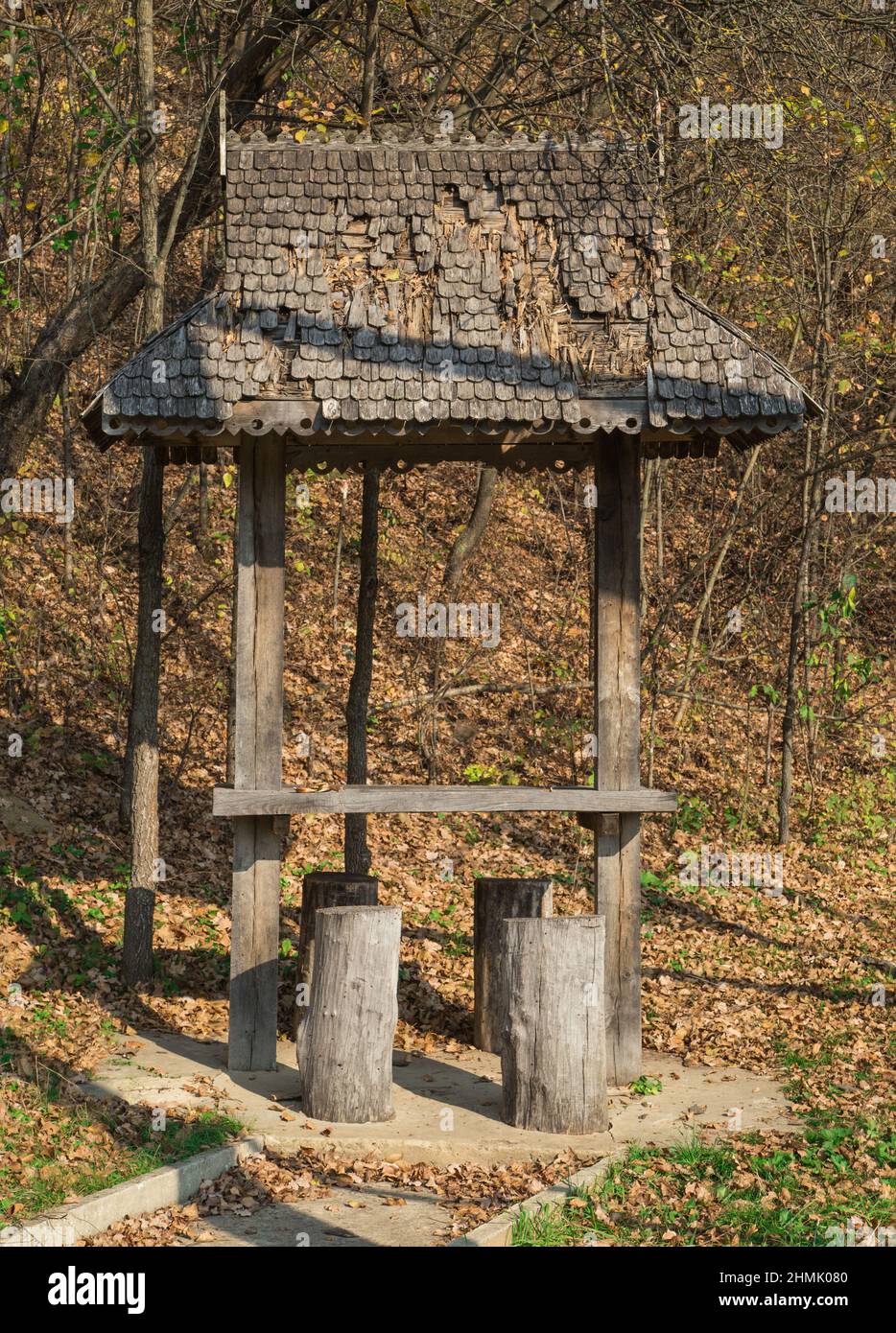 Old bower from wood in forest. Whole background Stock Photo - Alamy