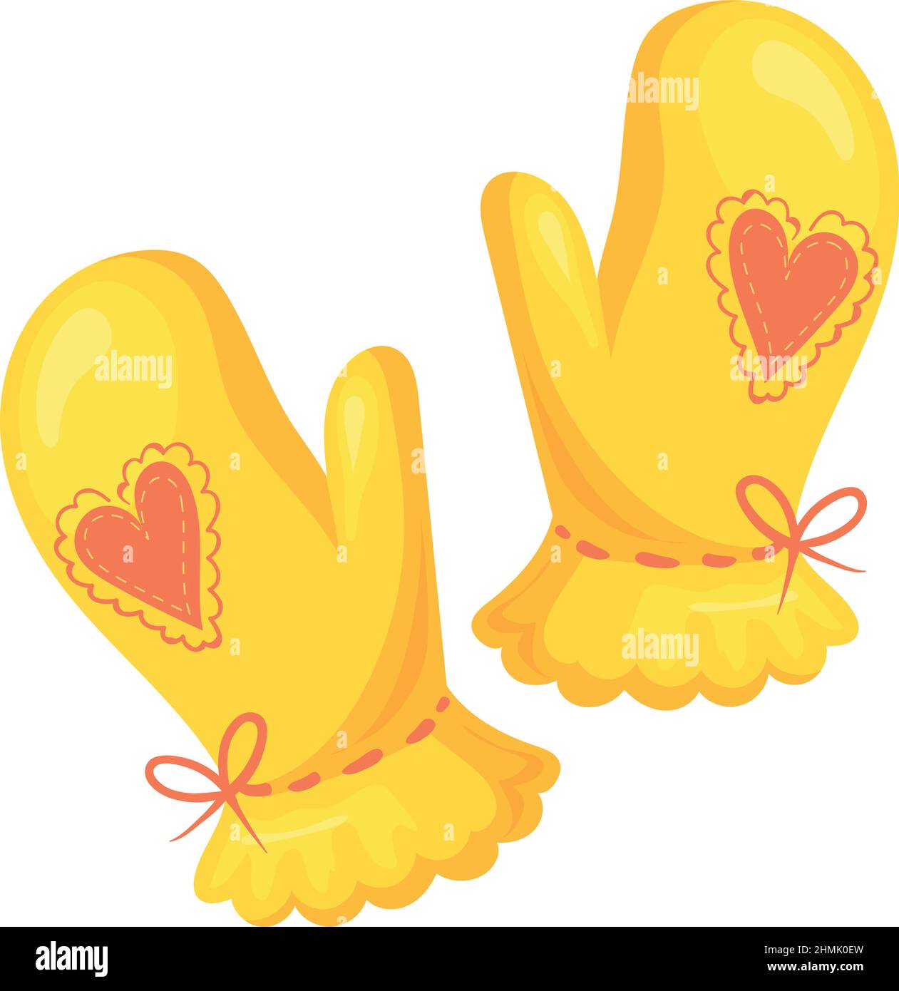 Cartoon mitten pair. Yellow wool gloves with hearts isolated on white ...
