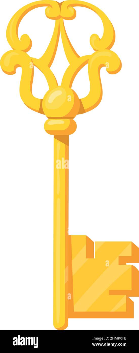 Golden fairytale key. Secret treasure cartoon symbol isolated on white ...