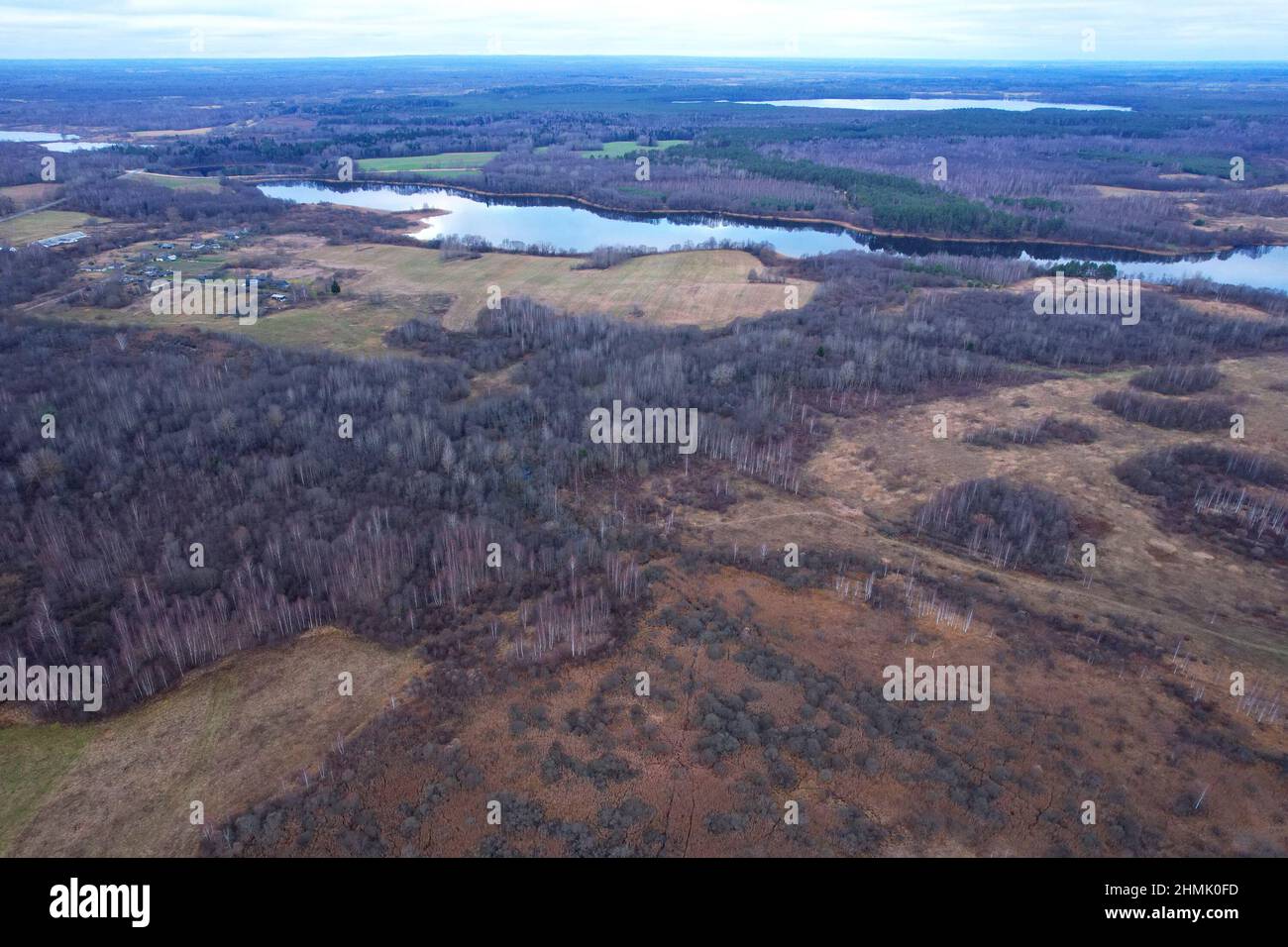 Lake in autumn season. Aerial panoramic landscape view of lake in ...