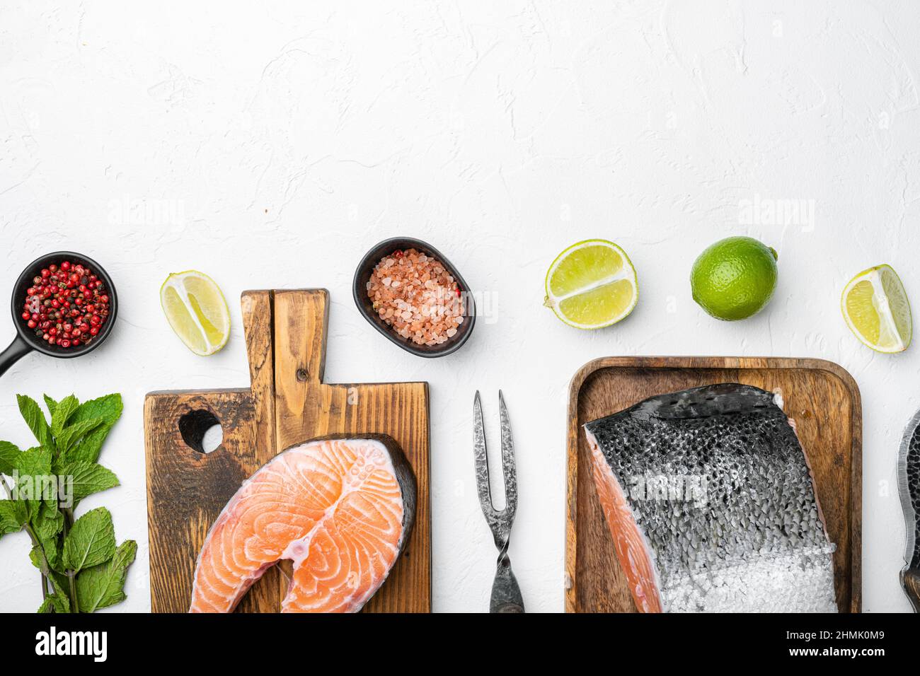 Big piece of Raw cut salmon fish set, on white stone table background ...