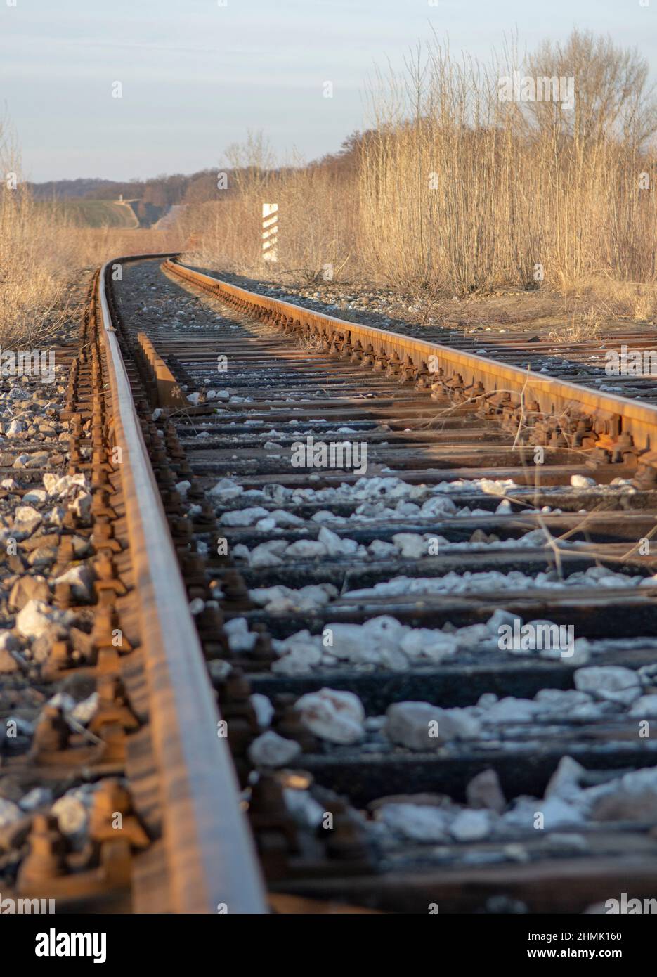 Single track railway line. Empty straight single-way railway line at ...