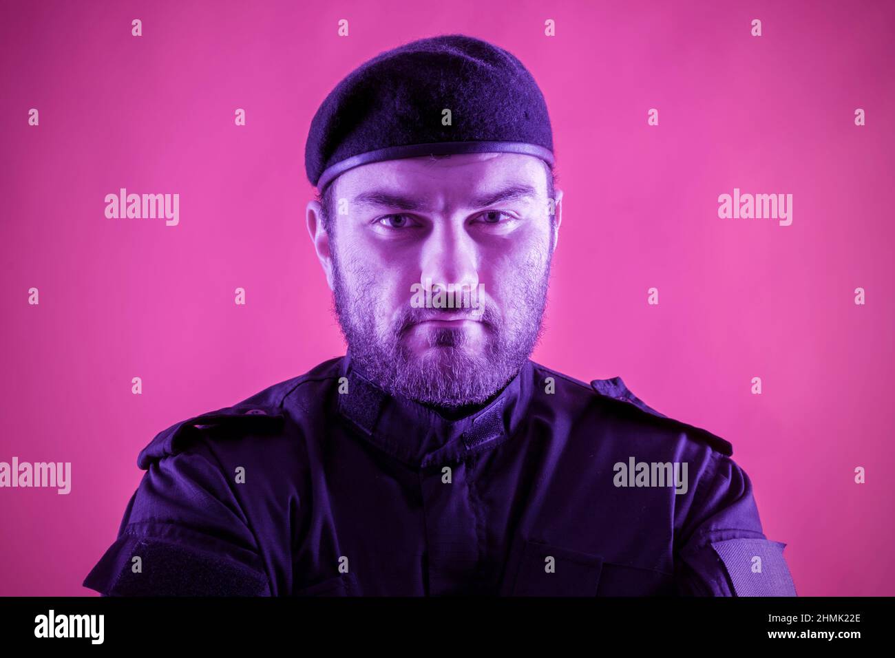 Military. Law enforcement officer with a stern look. Bodyguard ...